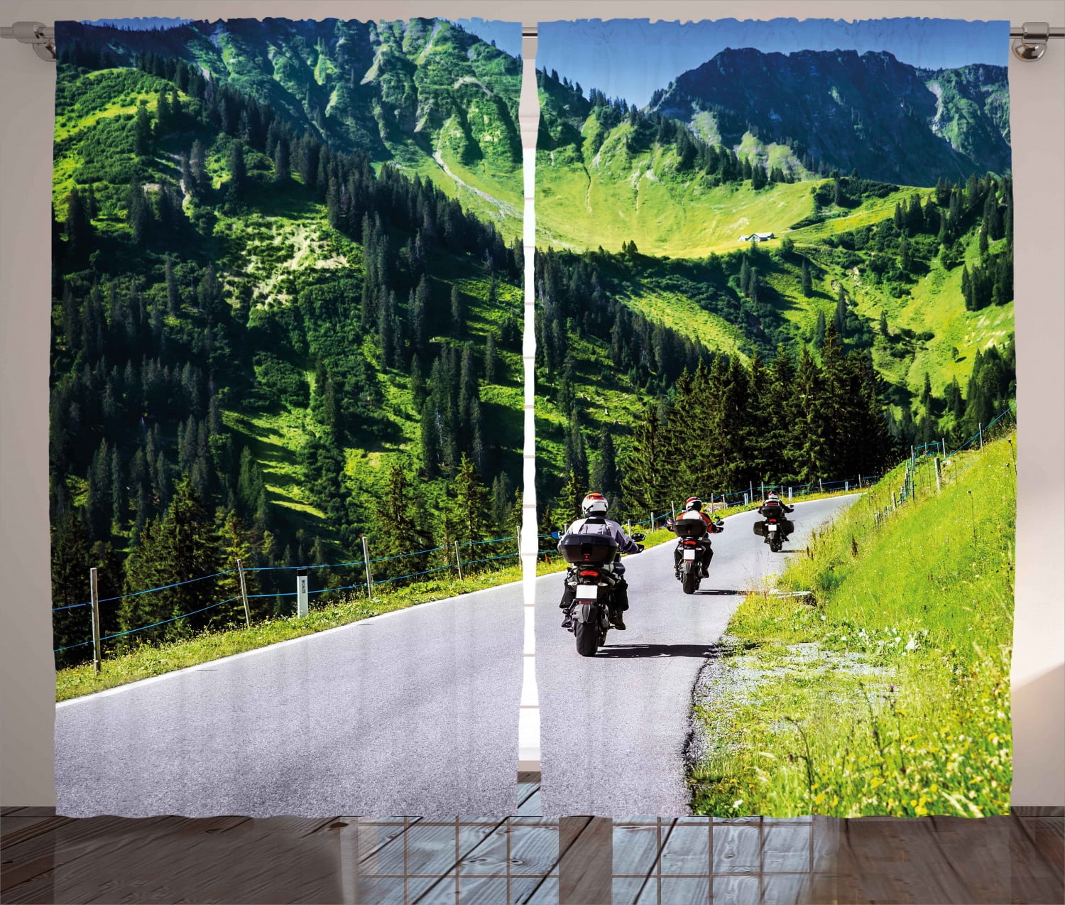 Ambesonne Digital Curtains 2 Panel Set, Bike Riders on Mountain, 108" x 96", Hunter Green ...