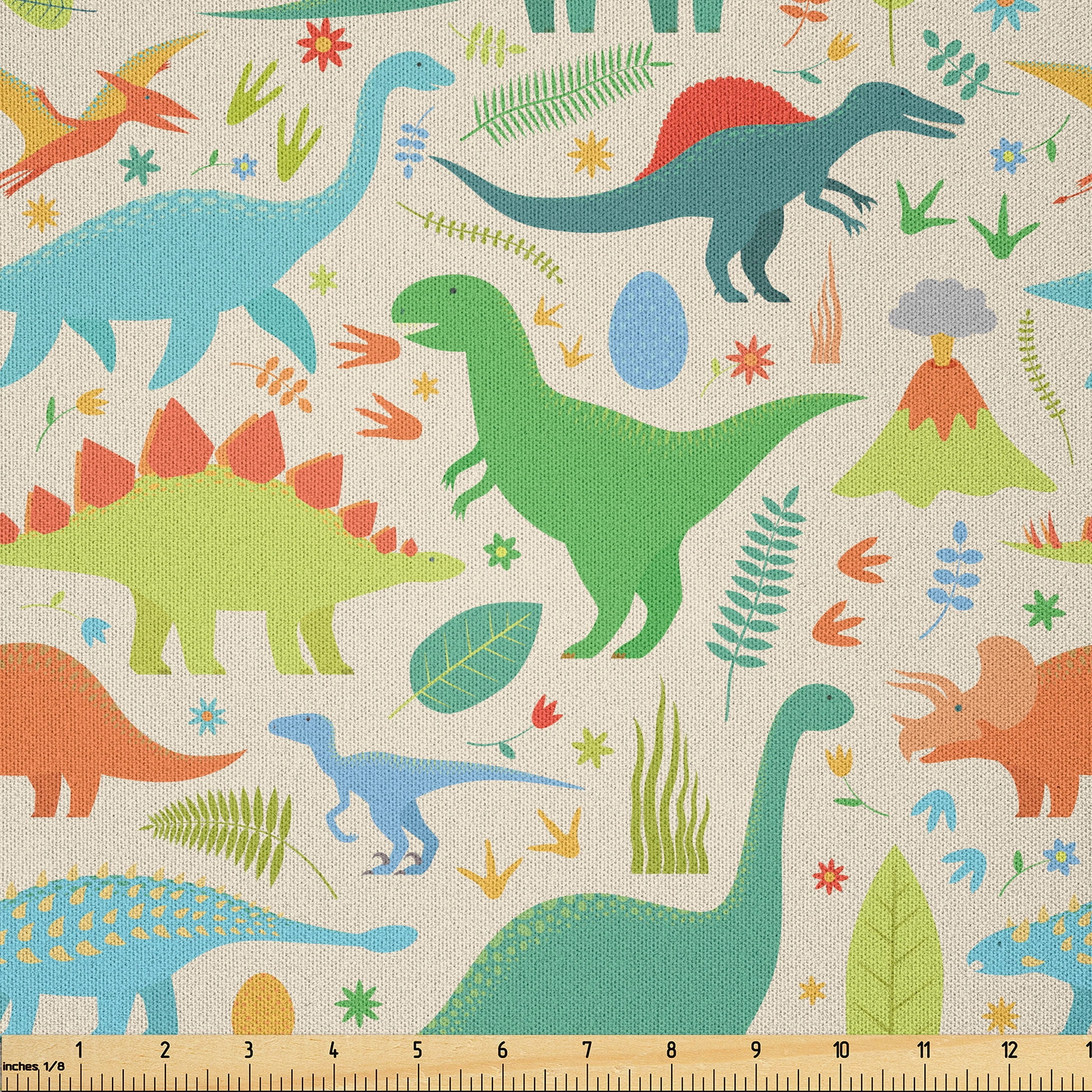 Ambesonne Dino Fabric by the Yard Microfiber, Mammal Animals Volcano, 2 ...