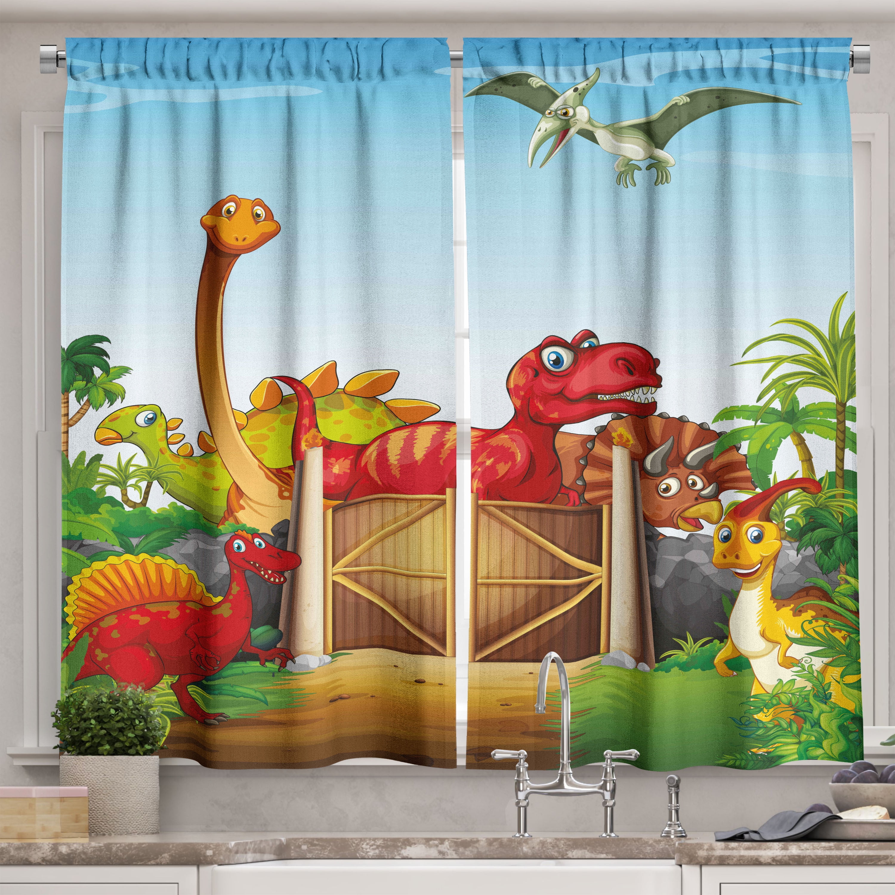 Ambesonne Dino Kitchen Curtains, Cartoon Dinosaurs in Park, 55"x39 ...