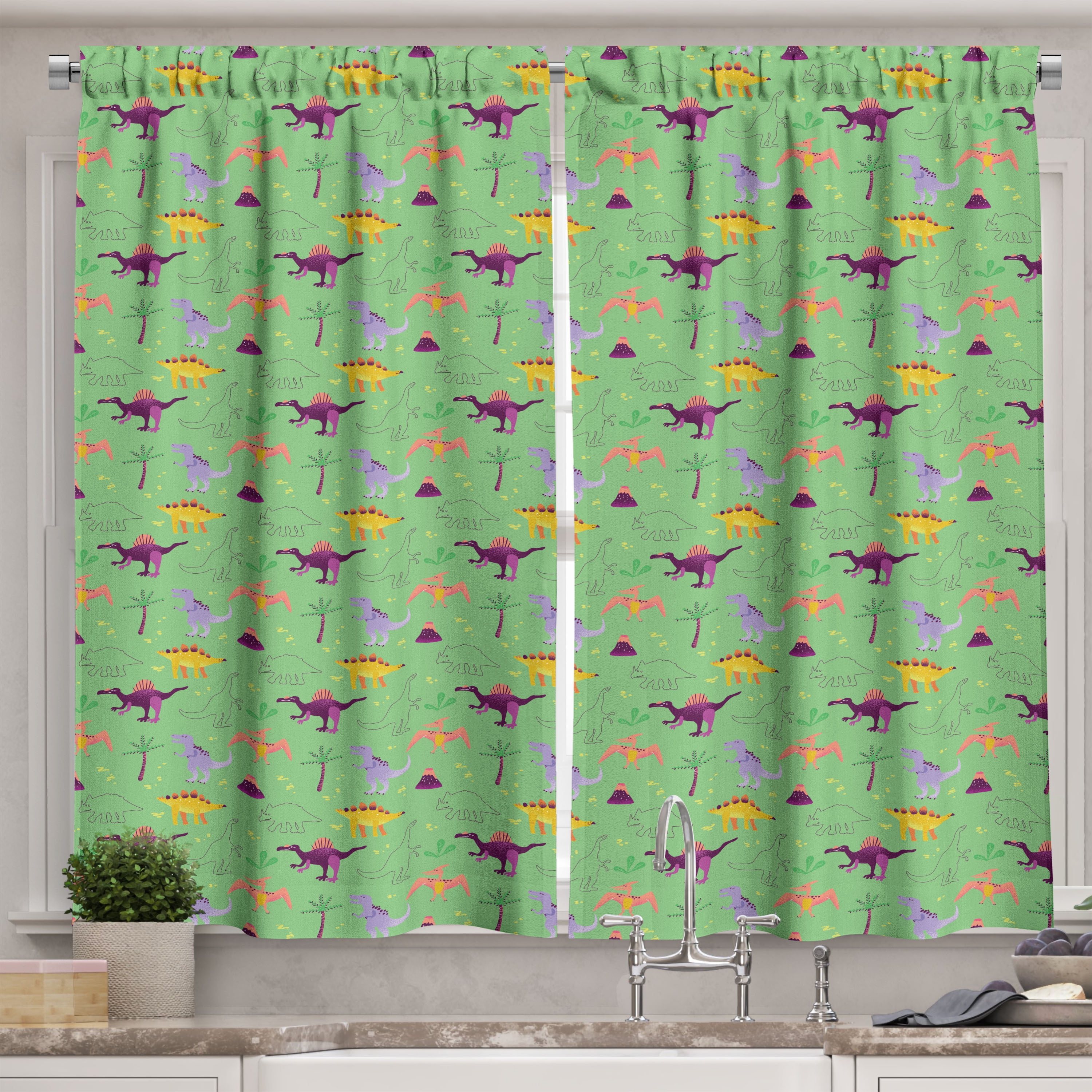 Ambesonne Dino Kitchen Curtains, Sketch and Cartoon Dinosaur, 55"x45 ...