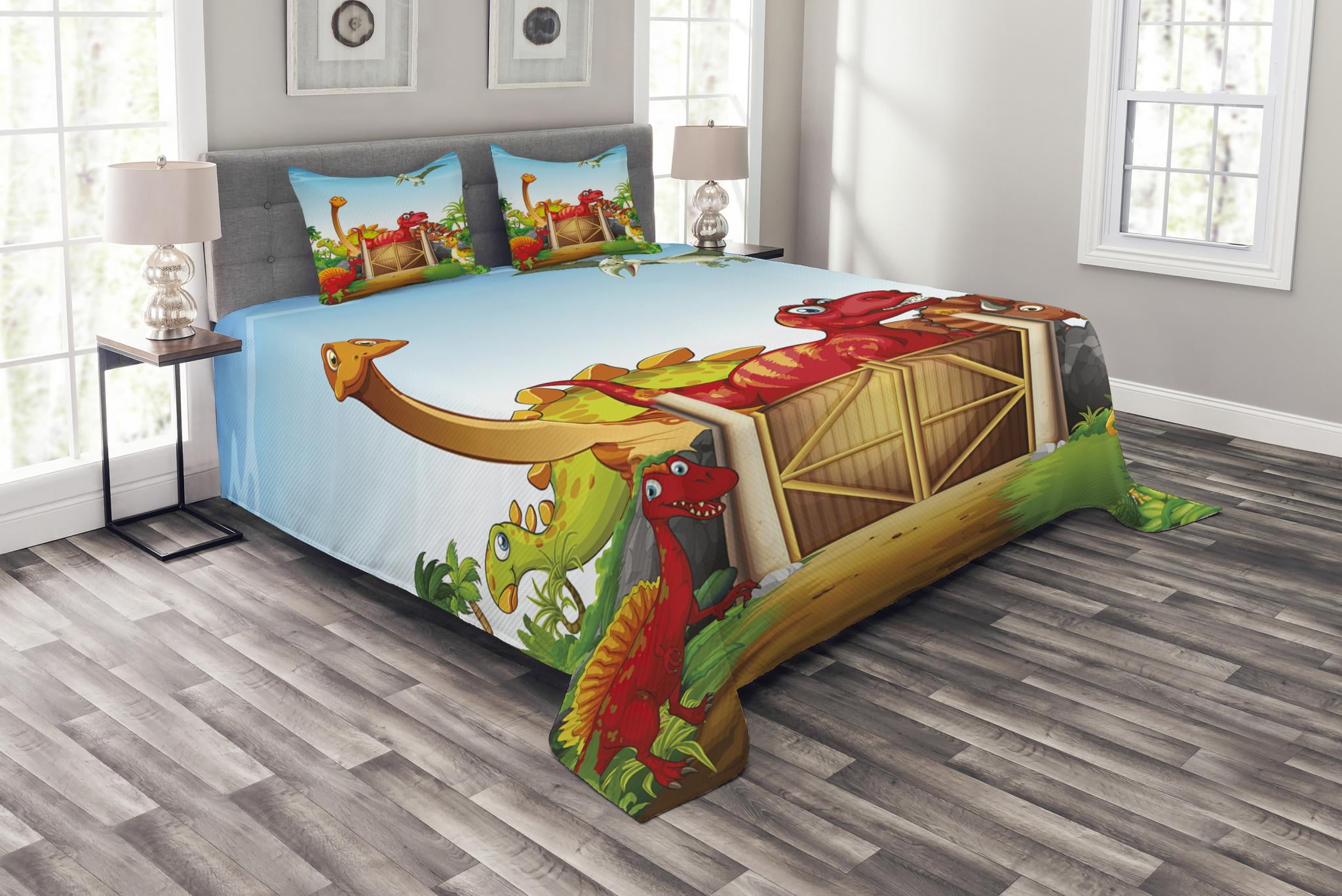 Ambesonne Dino Quilted Bedspread Set 3 Pcs, Cartoon Dinosaurs in Park ...