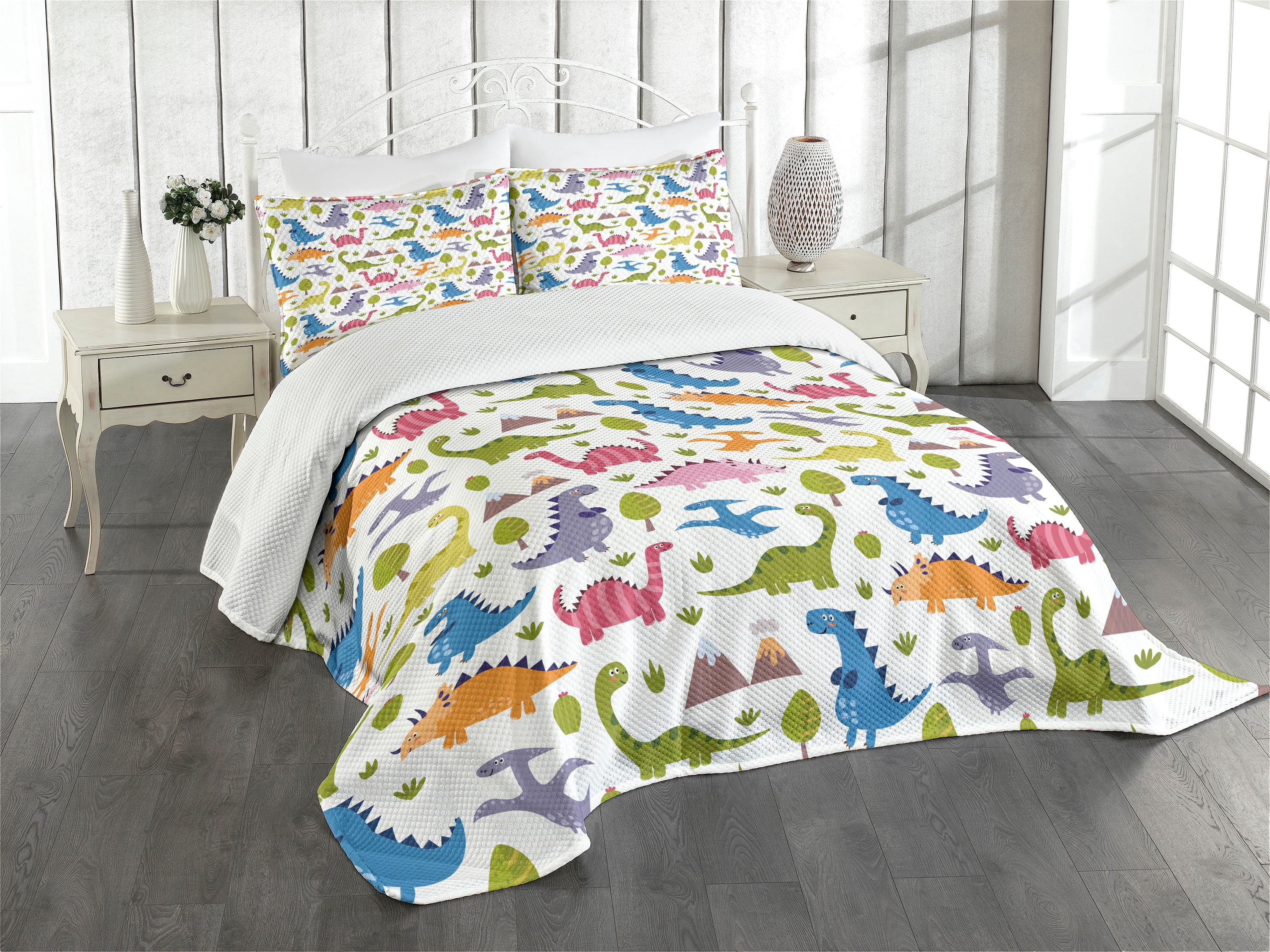 Ambesonne Dino Quilted Bedspread Set 3 Pcs, Dinosaurs Colorful, King ...