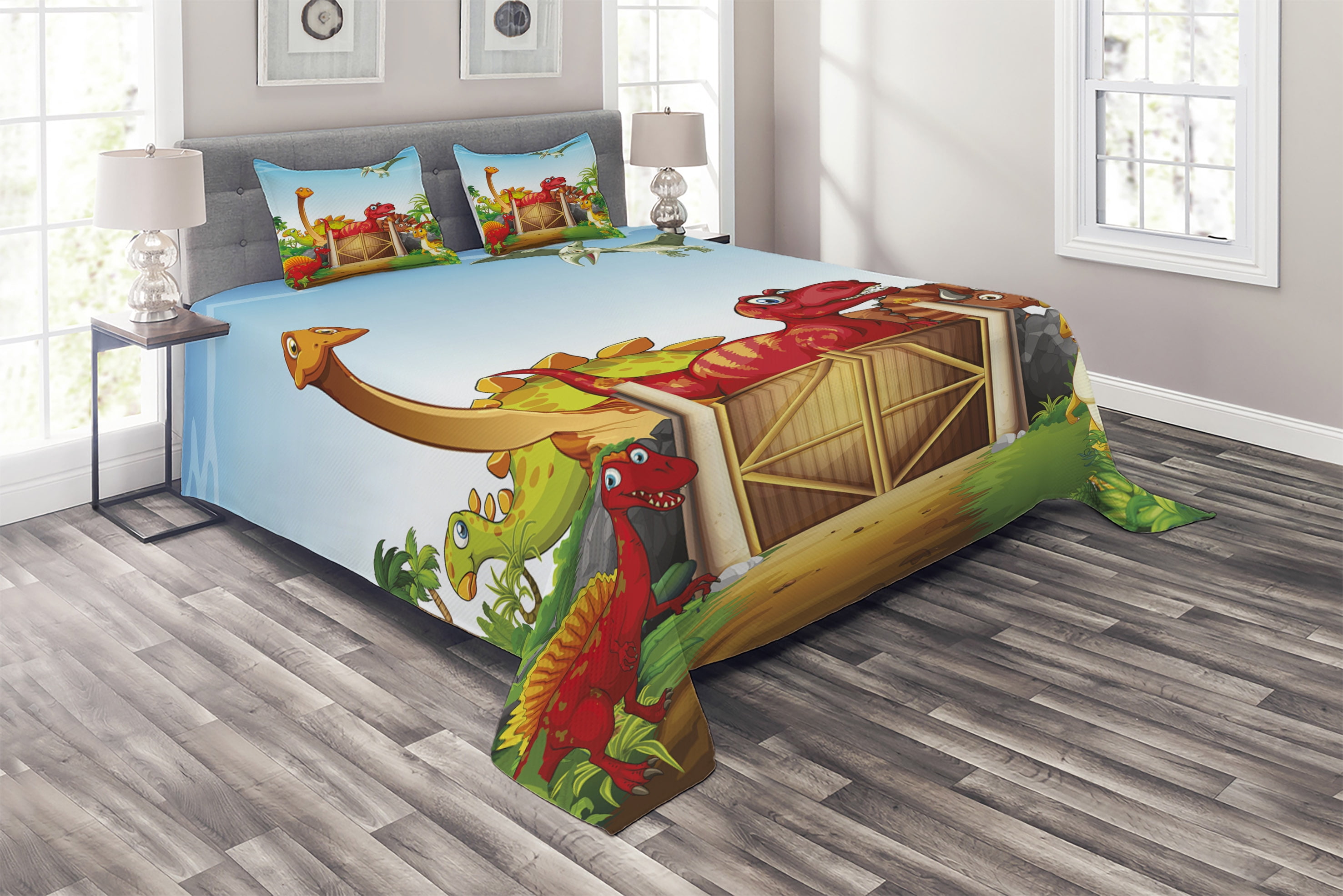 Ambesonne Dino Quilted Coverlet 3 Pcs, Cartoon Dinosaurs in Park, Queen ...