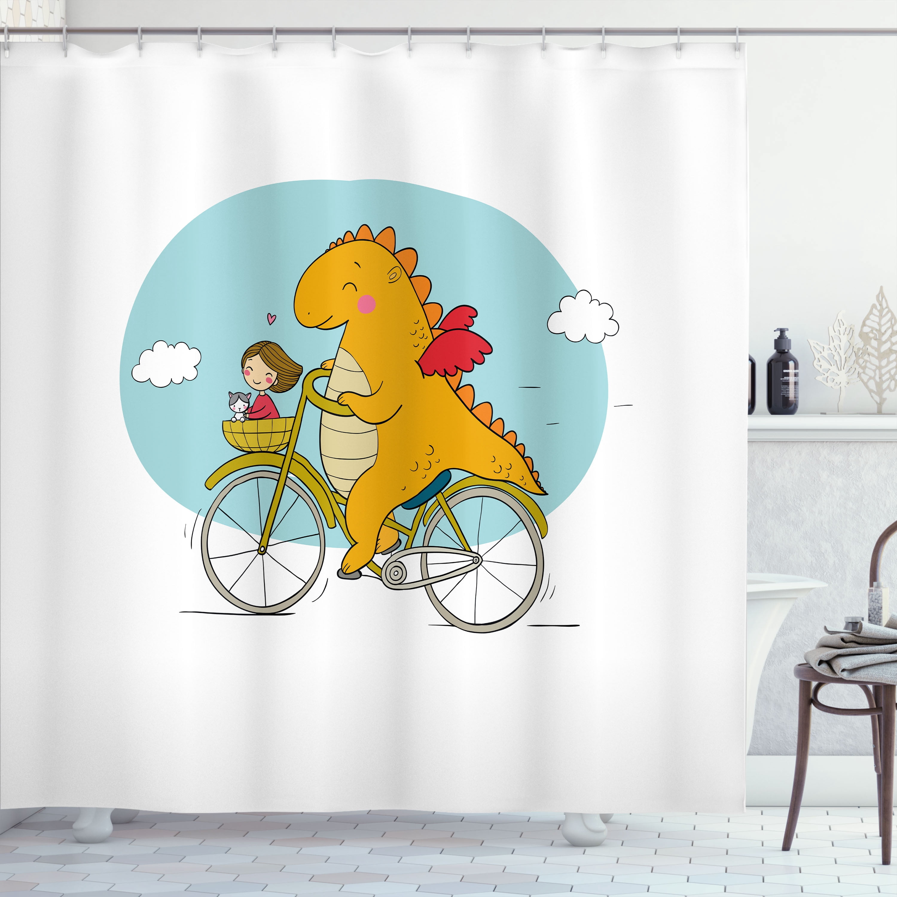 Ambesonne Dinosaur Bicycle Shower Curtain, Happy Travelers, 69"Wx75"L ...