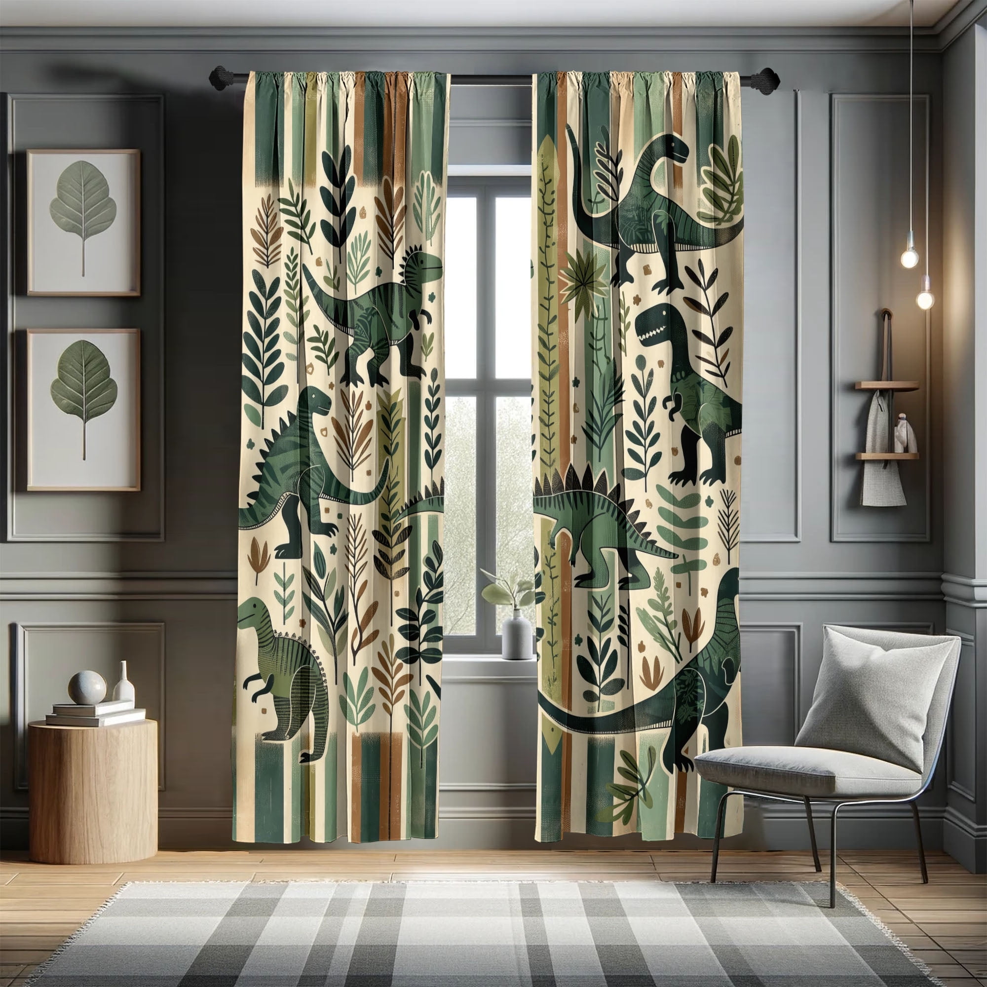 Ambesonne Dinosaur Curtains, Leaves Jurassic Animals, Pair of 28"x63 ...