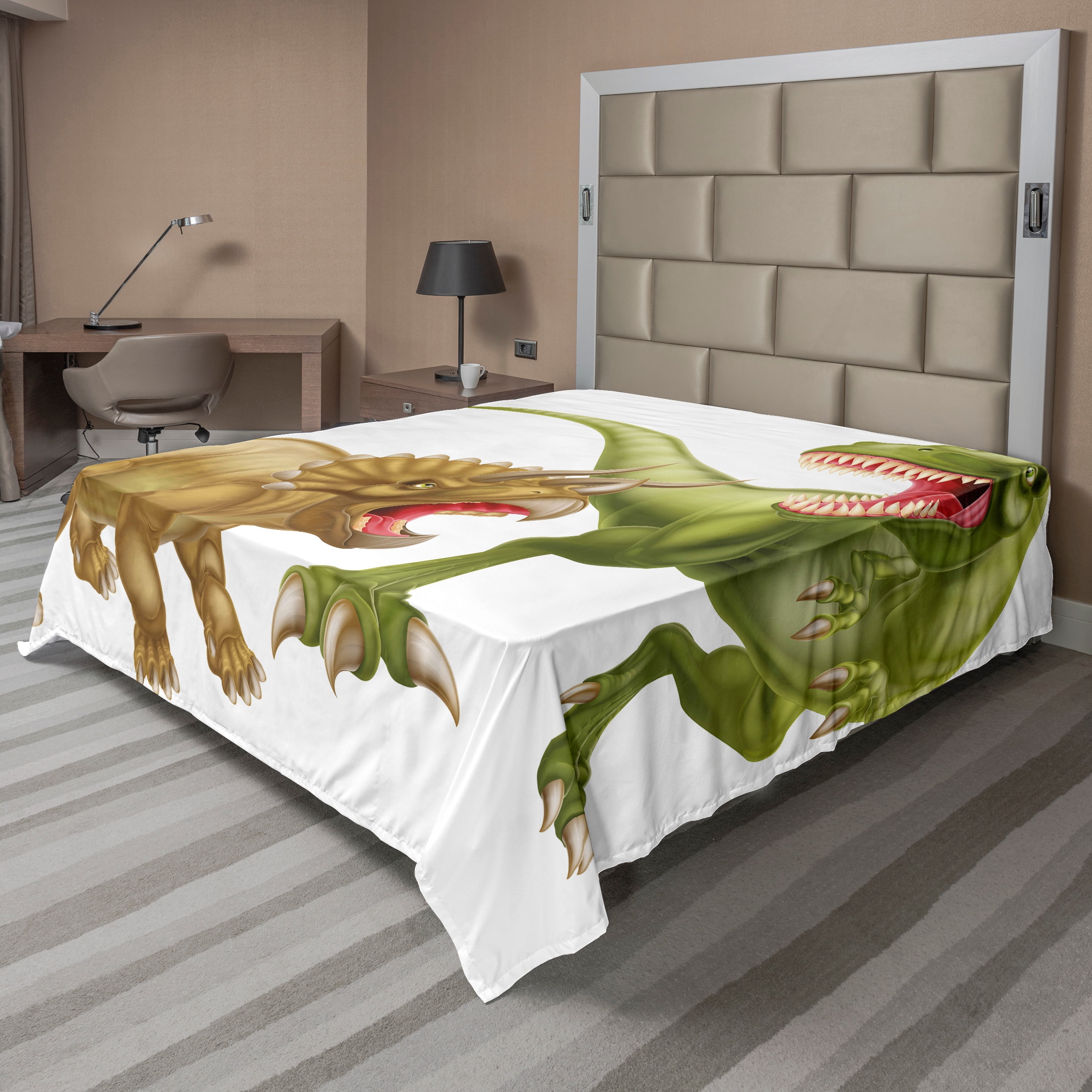 Ambesonne Dinosaur Flat Sheet, 2 Dinosaurs Pattern, Full Size, Green ...