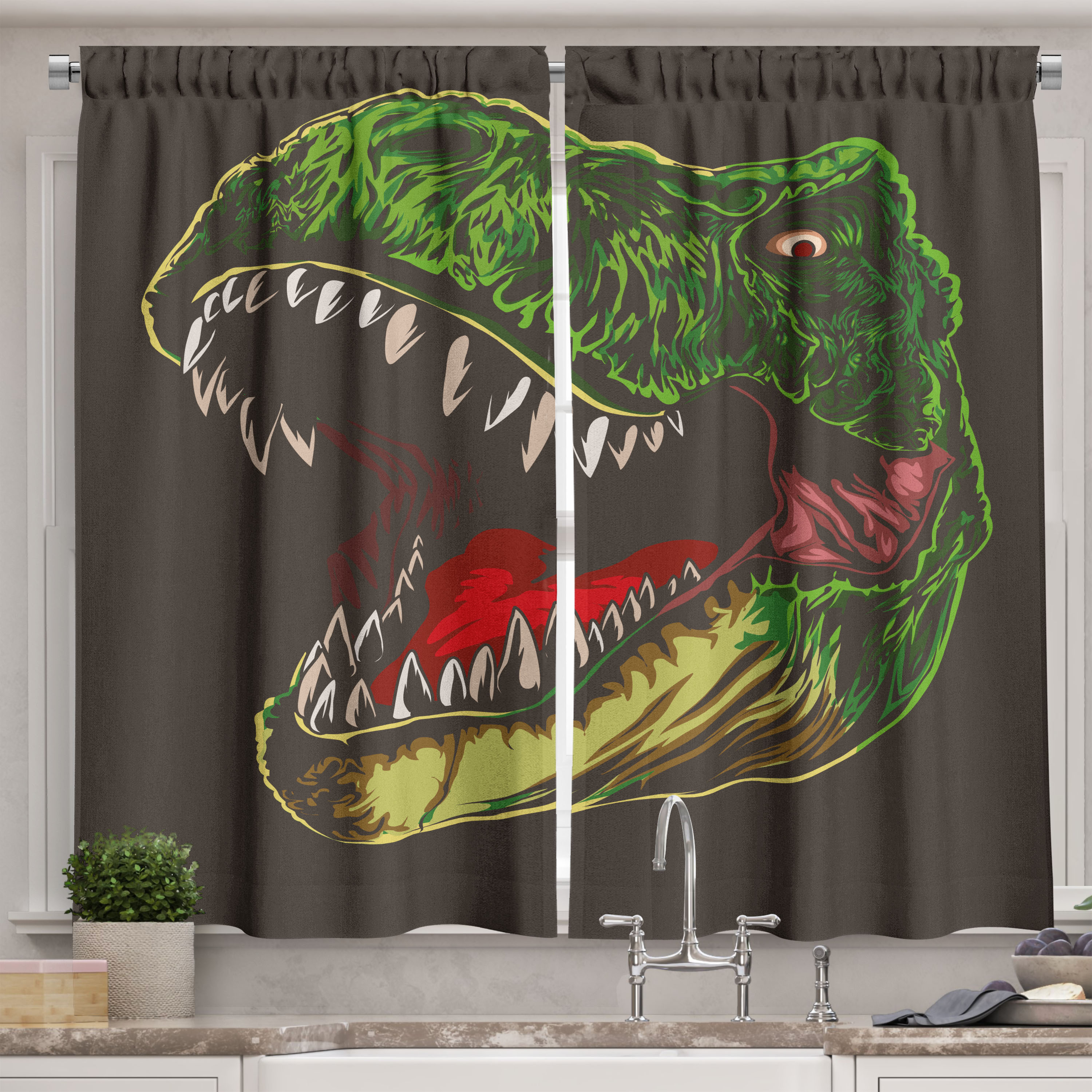 Ambesonne Dinosaur Kitchen Curtains, Aggressive Wild T-Rex, 55"x39 ...