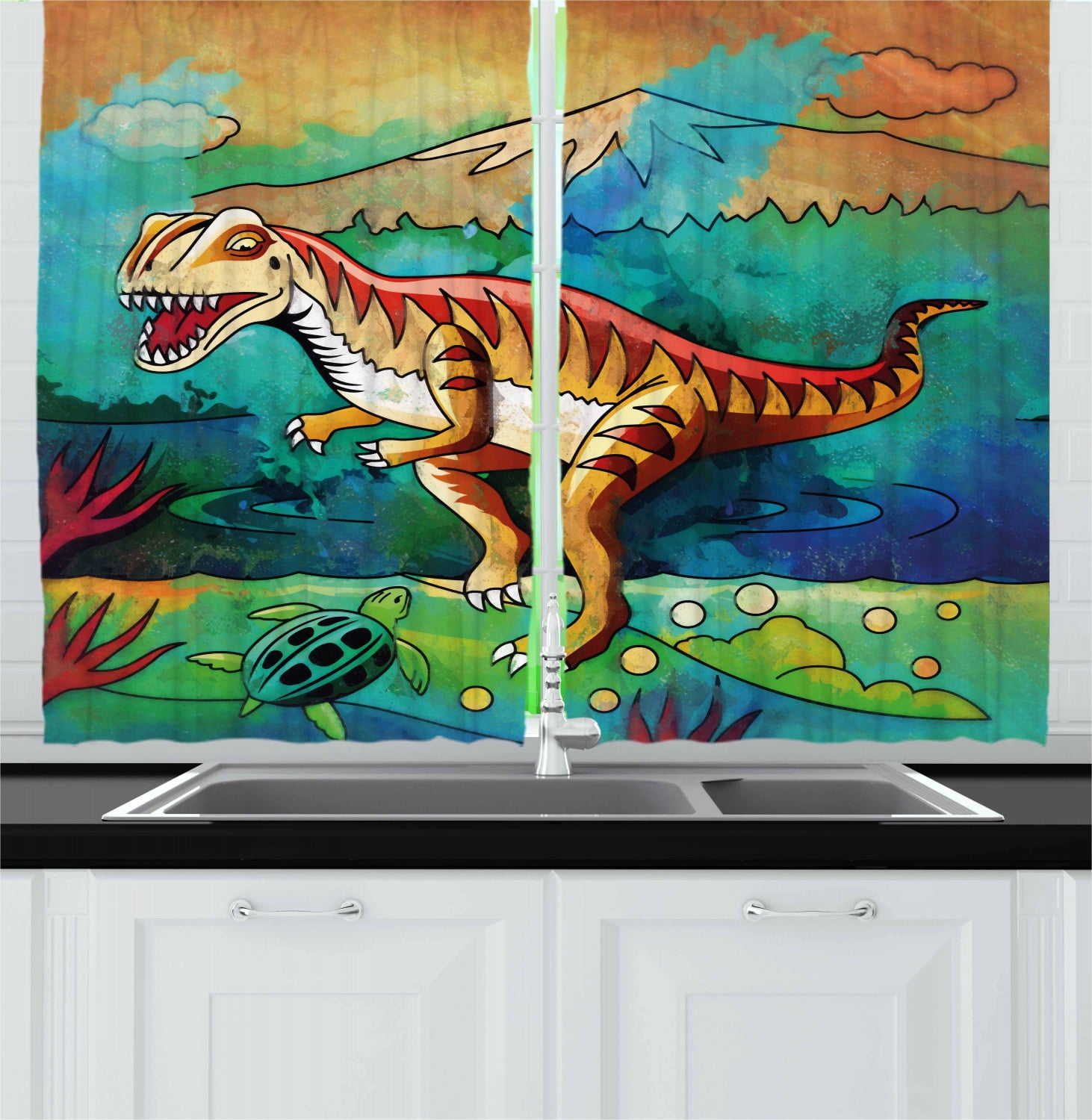 Ambesonne Dinosaur Kitchen Curtains, Colorful Velociraptor, 55"x39 ...
