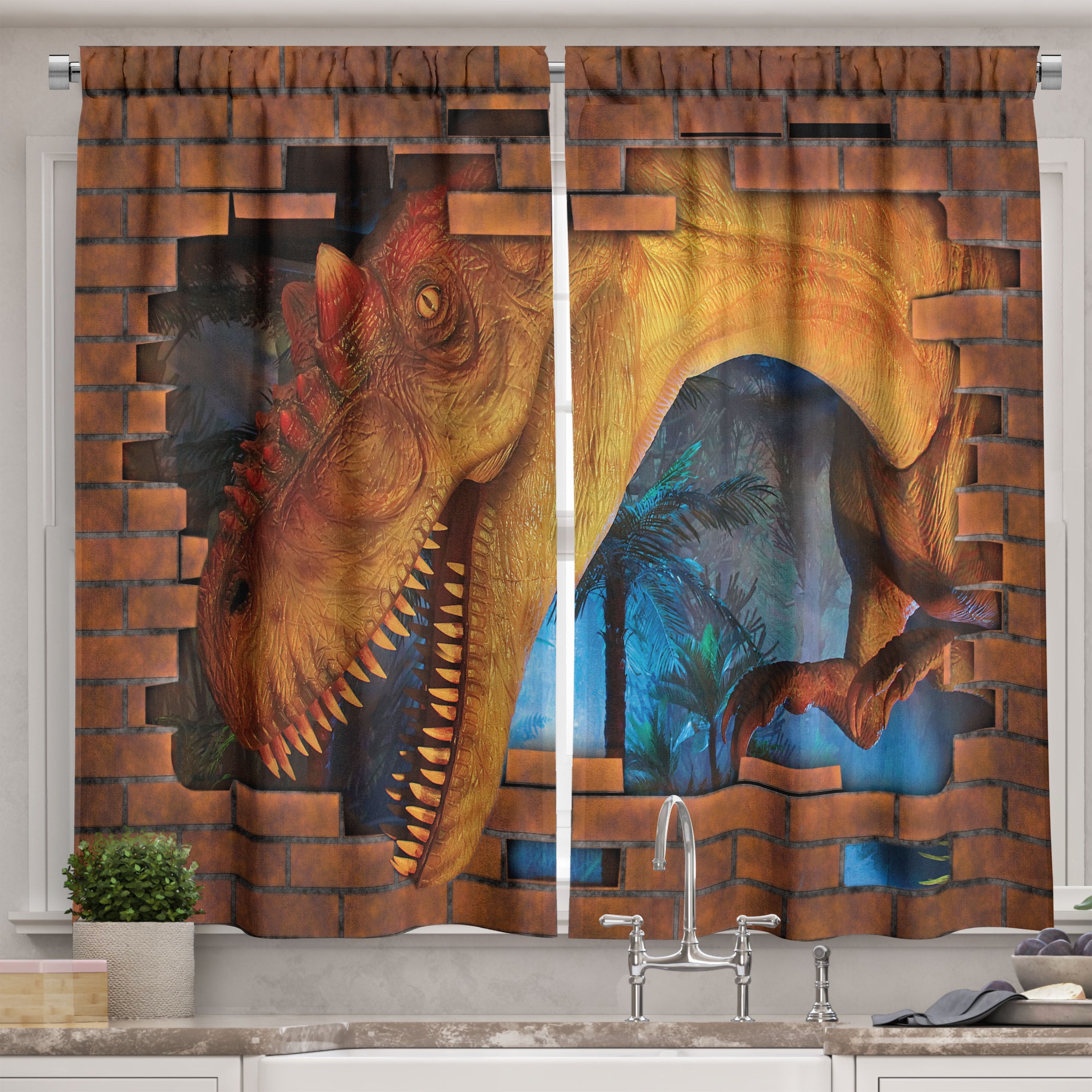 Ambesonne Dinosaur Kitchen Curtains, Dino Breaks Brick Wall, 55"x39 ...