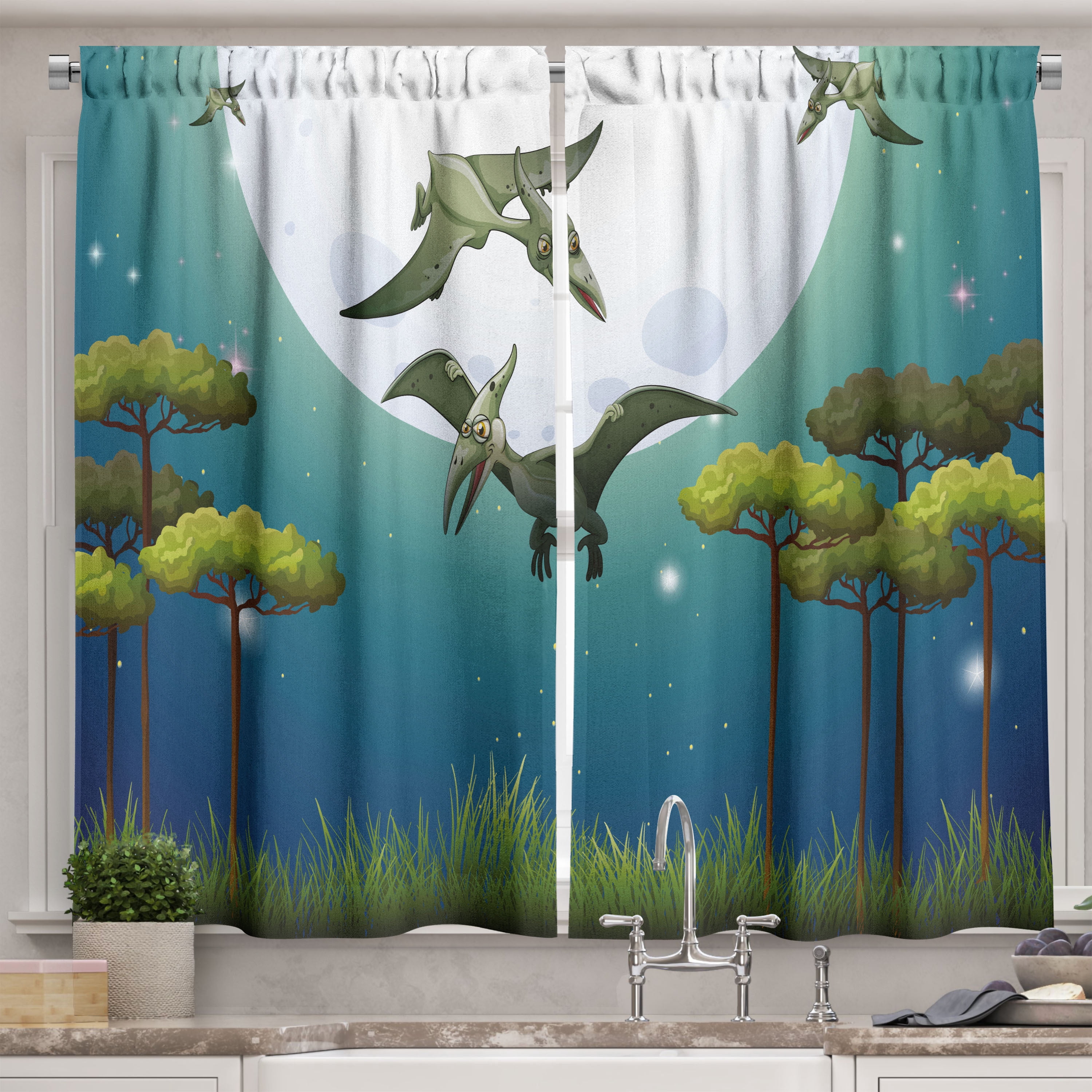 Ambesonne Dinosaur Kitchen Curtains, Flying Cartoon Animals, 55"x39 ...