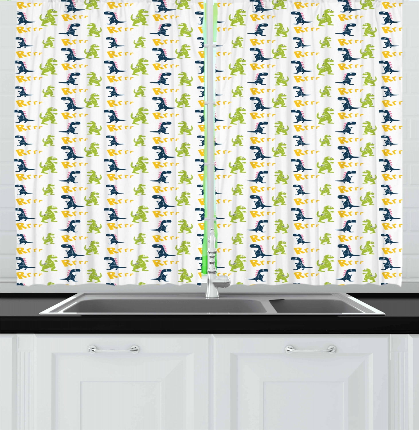 Ambesonne Dinosaur Kitchen Curtains, Happy Cartoon Dino, 55"x39 ...