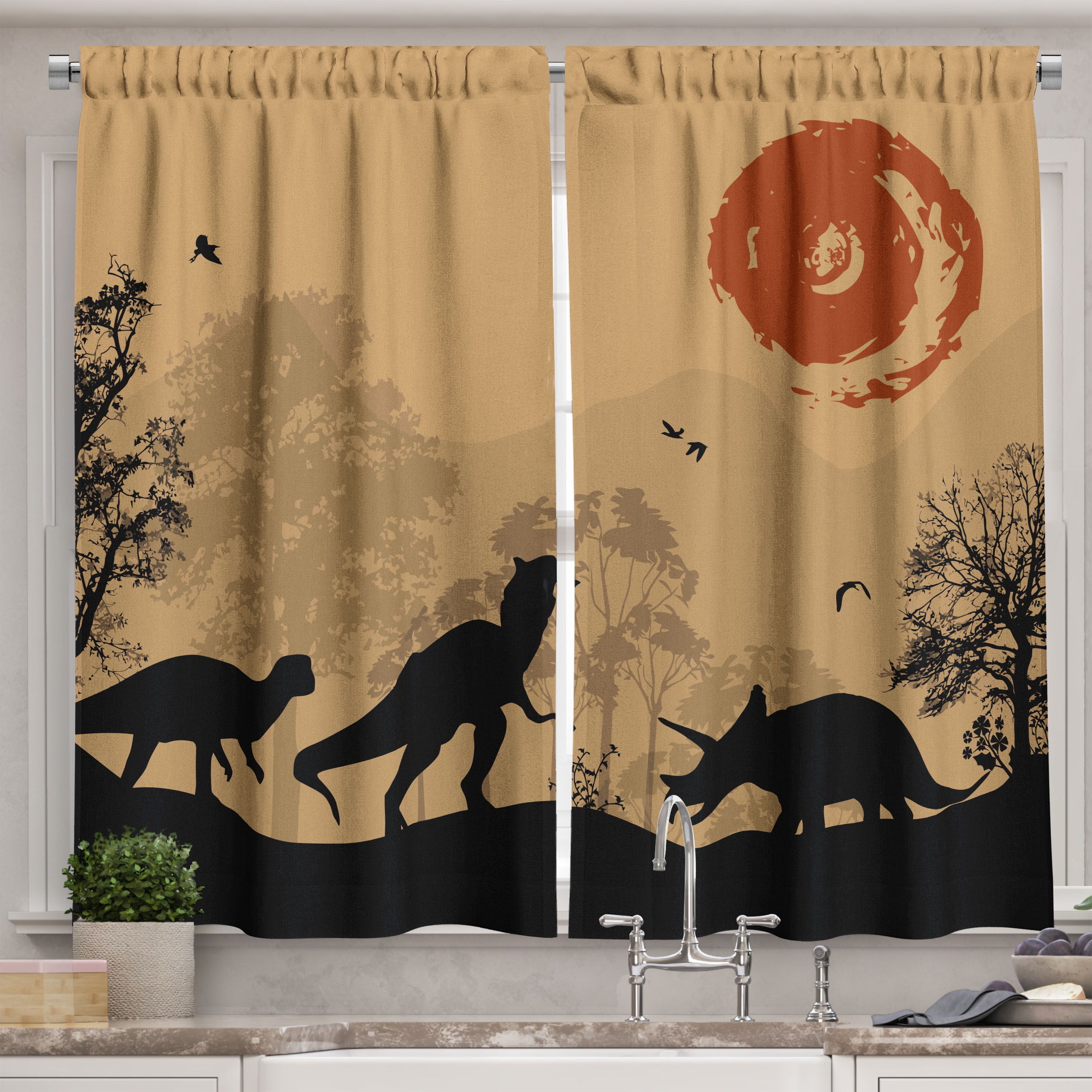 Ambesonne Dinosaur Kitchen Curtains, Prehistoric Wilderness, 55"x39 ...