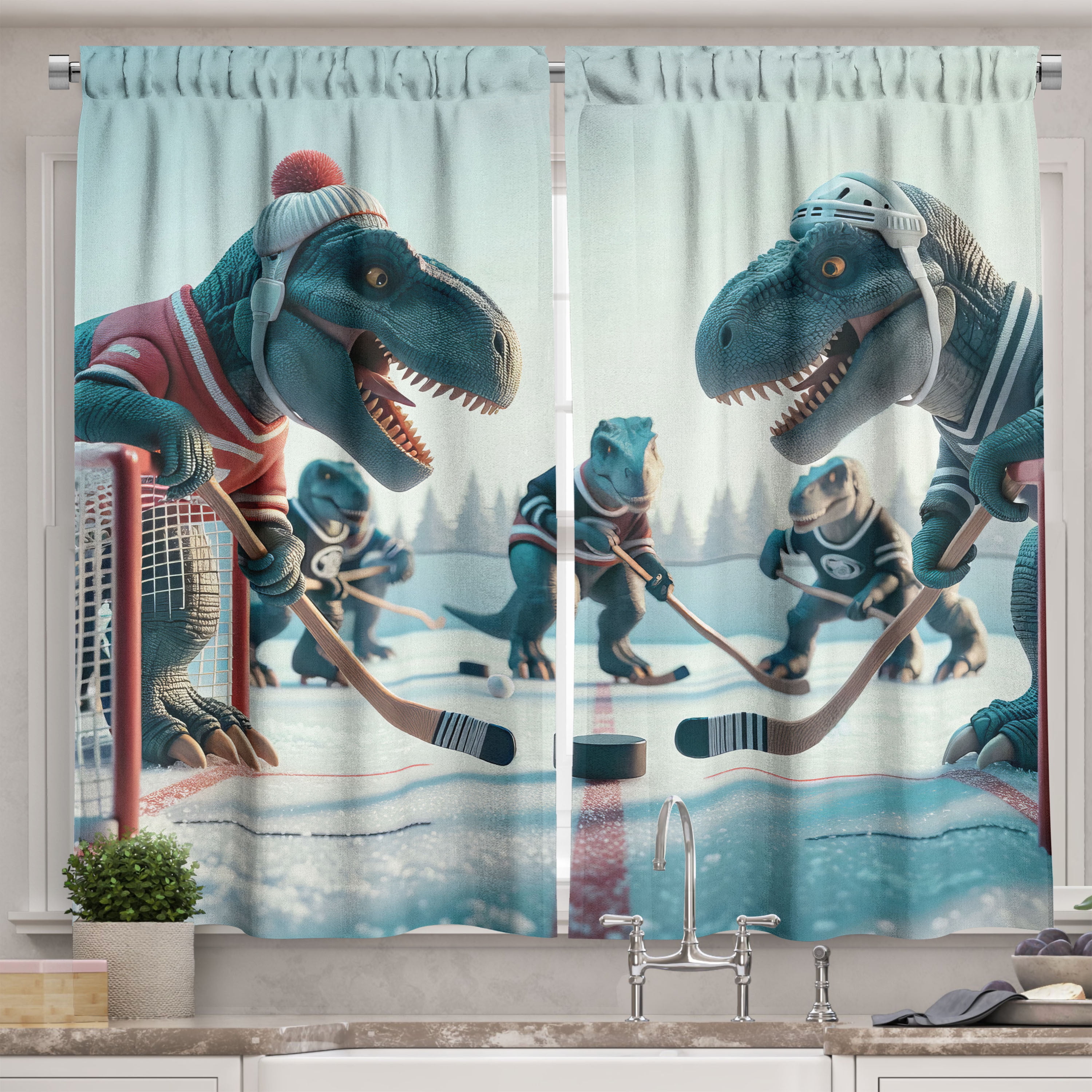 Ambesonne Dinosaur Kitchen Curtains, T-Rex Playing Ice Hockey, 55"x39 ...