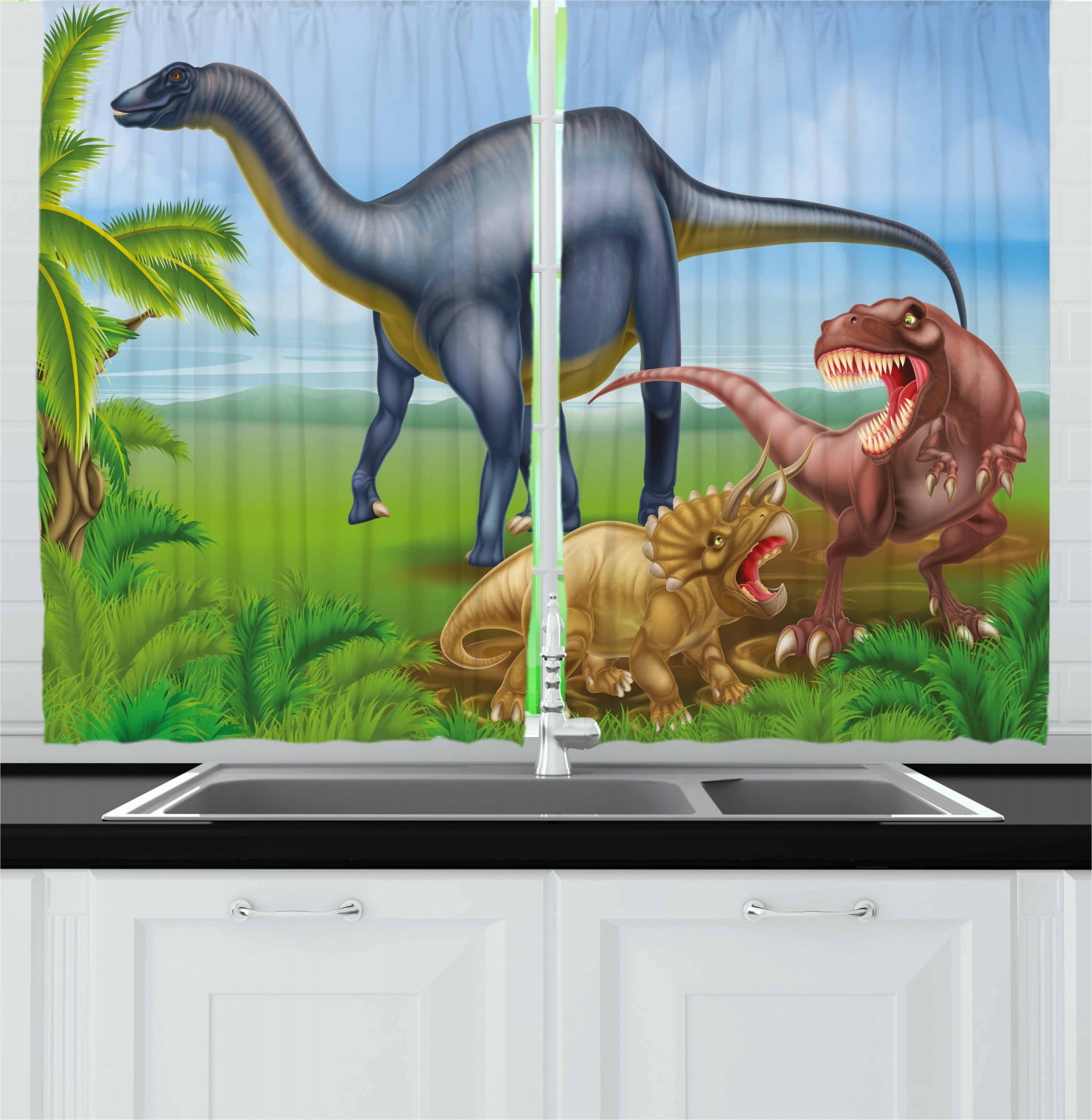 Ambesonne Dinosaur Kitchen Curtains, Various Animals Jungle, 55"x39 ...