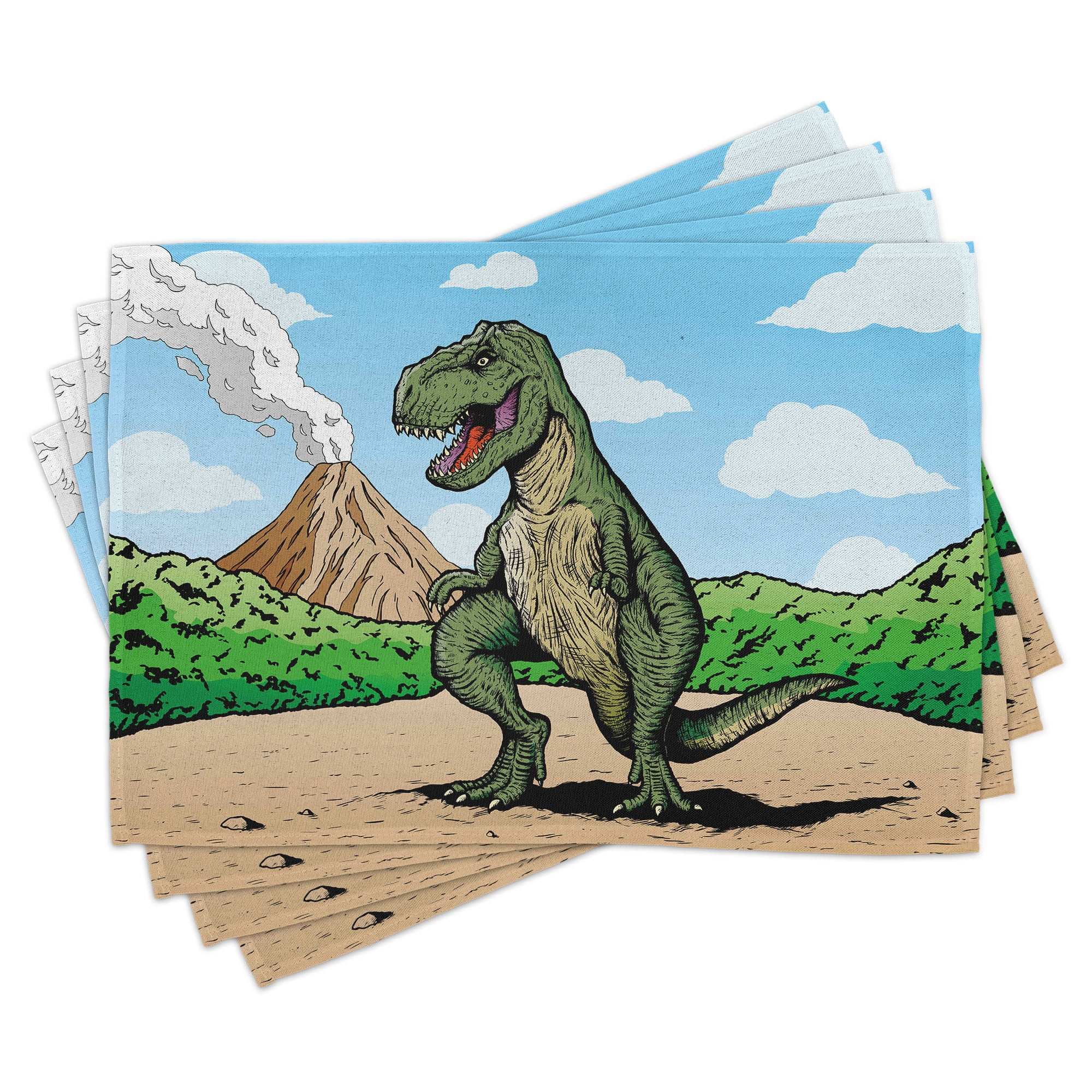 Ambesonne Dinosaur Place Mats Set of 4, T-Rex Active Volcano, Standard ...