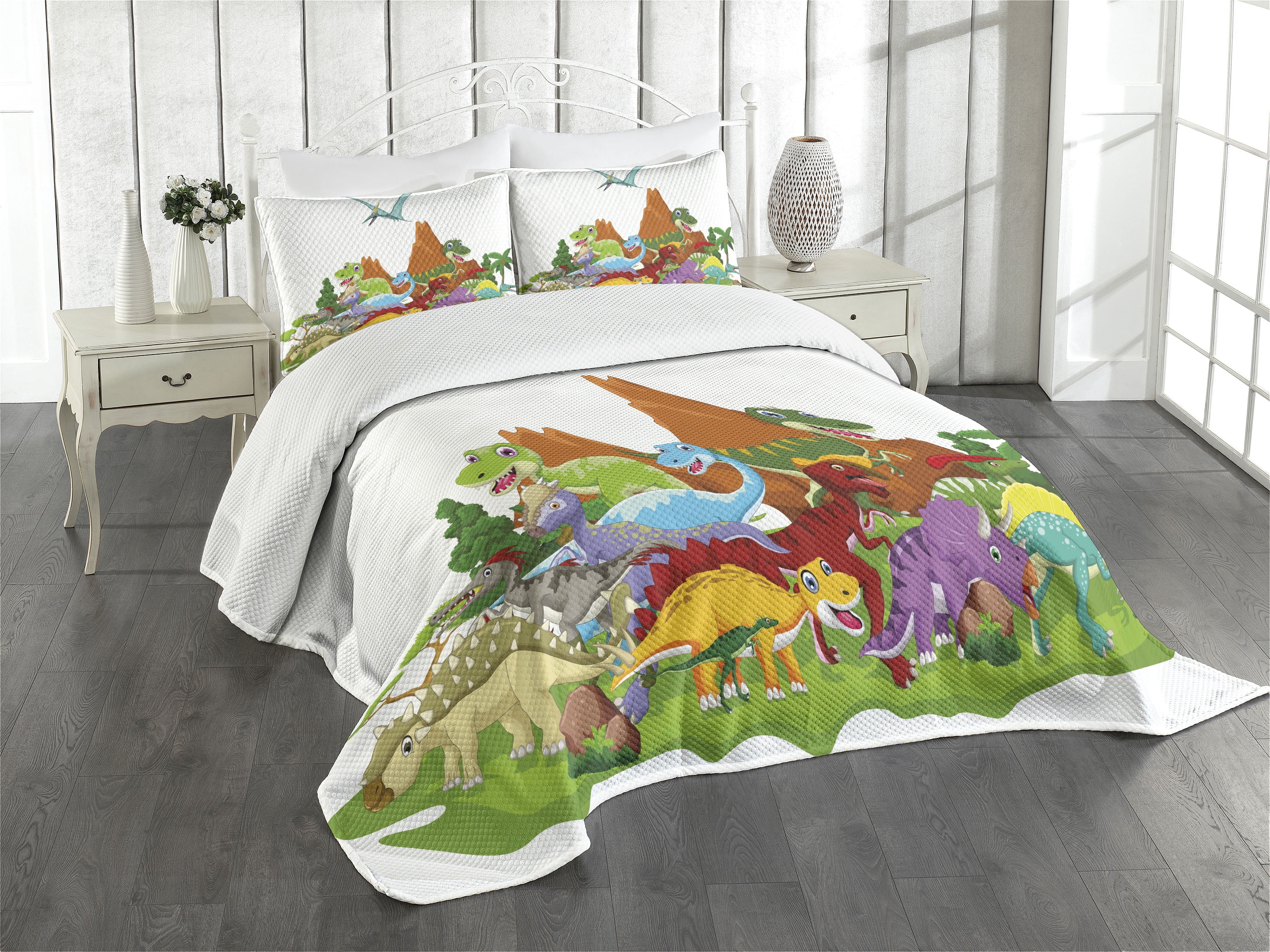 Ambesonne Dinosaur Quilted Bedspread Set 2 Pcs, Funny Creatures Trees ...