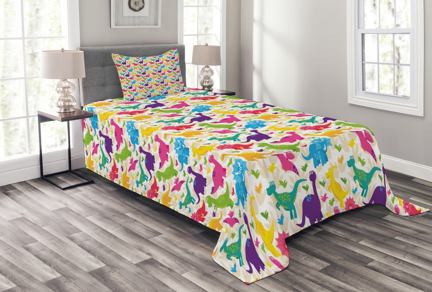 Ambesonne Dinosaur Quilted Bedspread Set 2 Pcs, Jurassic Wild Animals ...