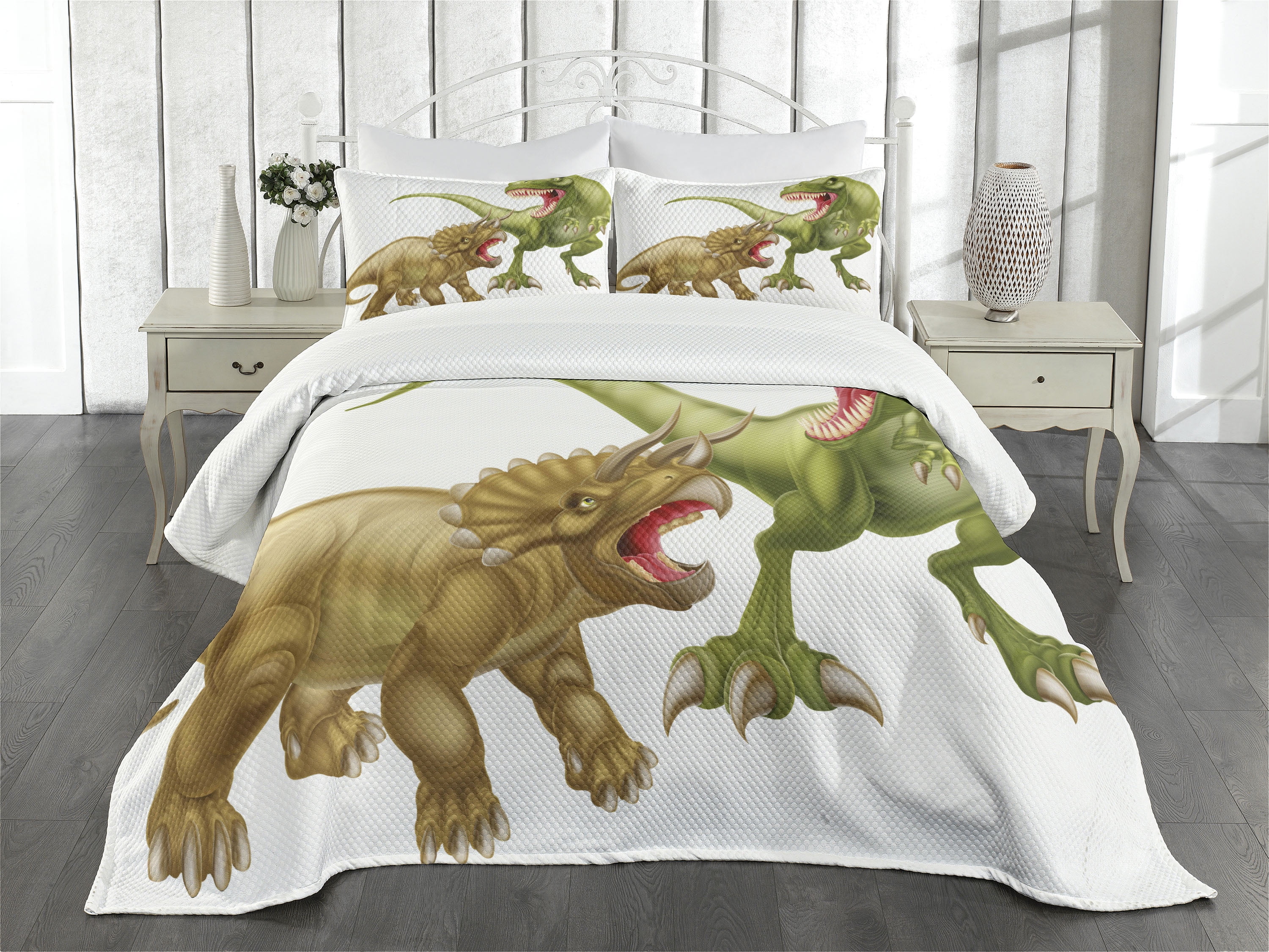Ambesonne Dinosaur Quilted Bedspread Set 3 Pcs, 2 Dinosaurs Pattern ...