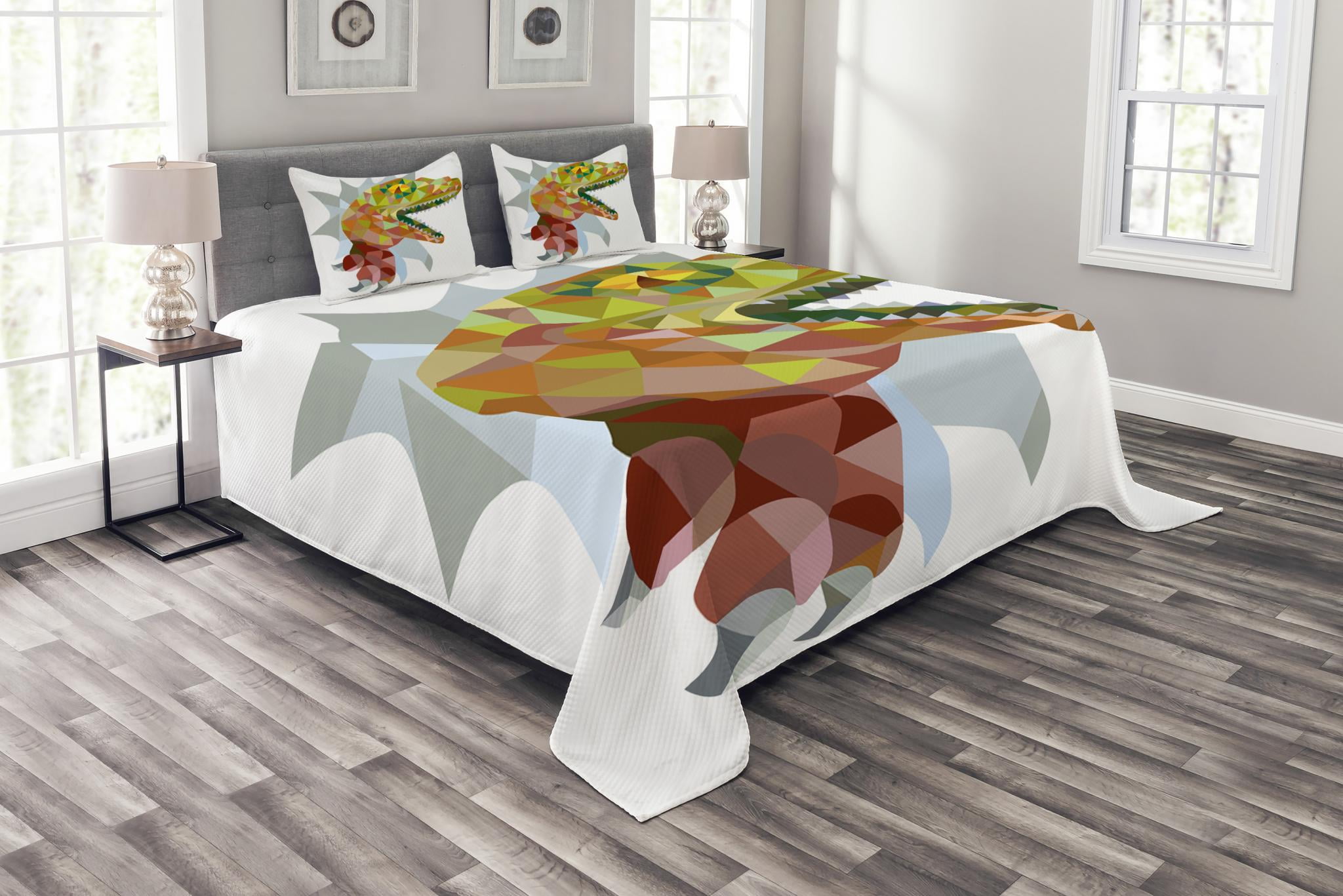 Ambesonne Dinosaur Quilted Bedspread Set 3 Pcs, Colorful Mosaic T-rex ...