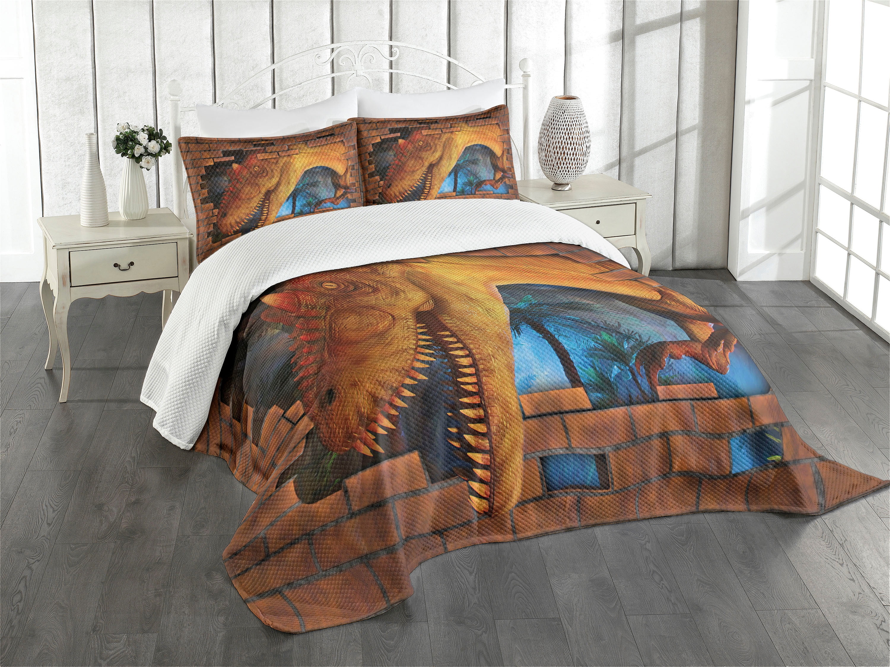 Ambesonne Dinosaur Quilted Bedspread Set 3 Pcs, Dino Breaks Brick Wall ...