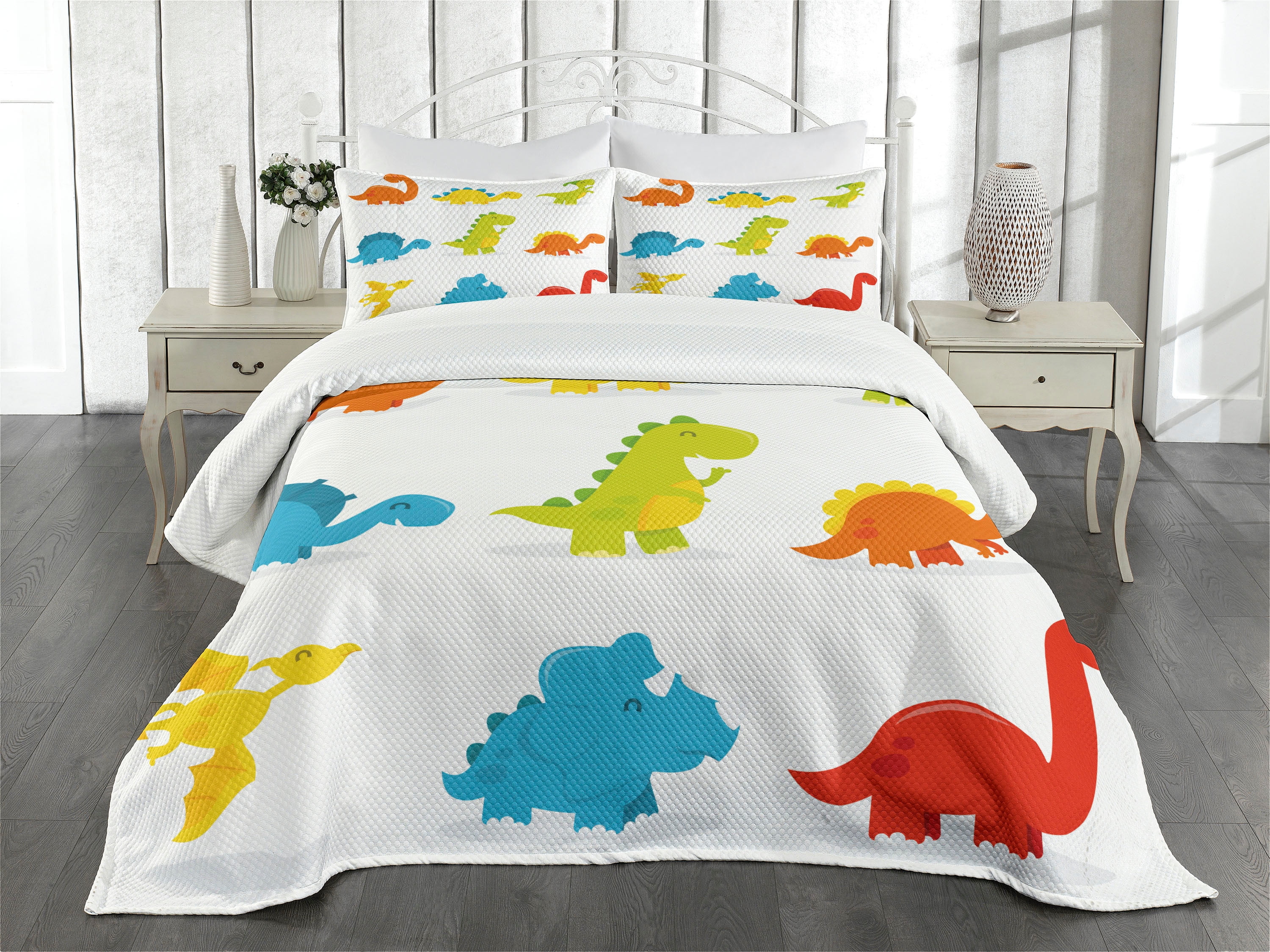 Ambesonne Dinosaur Quilted Bedspread Set 3 Pcs, Funny Cartoon Set, King ...