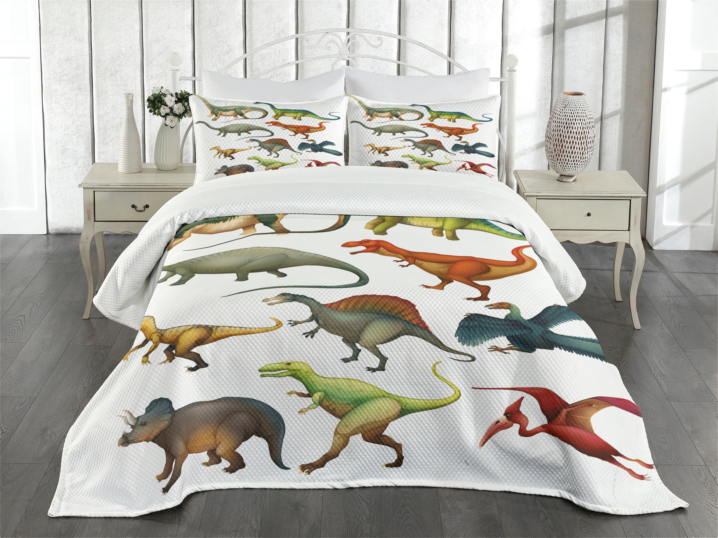 Ambesonne Dinosaur Quilted Bedspread Set 3 Pcs, Jurassic Composition ...