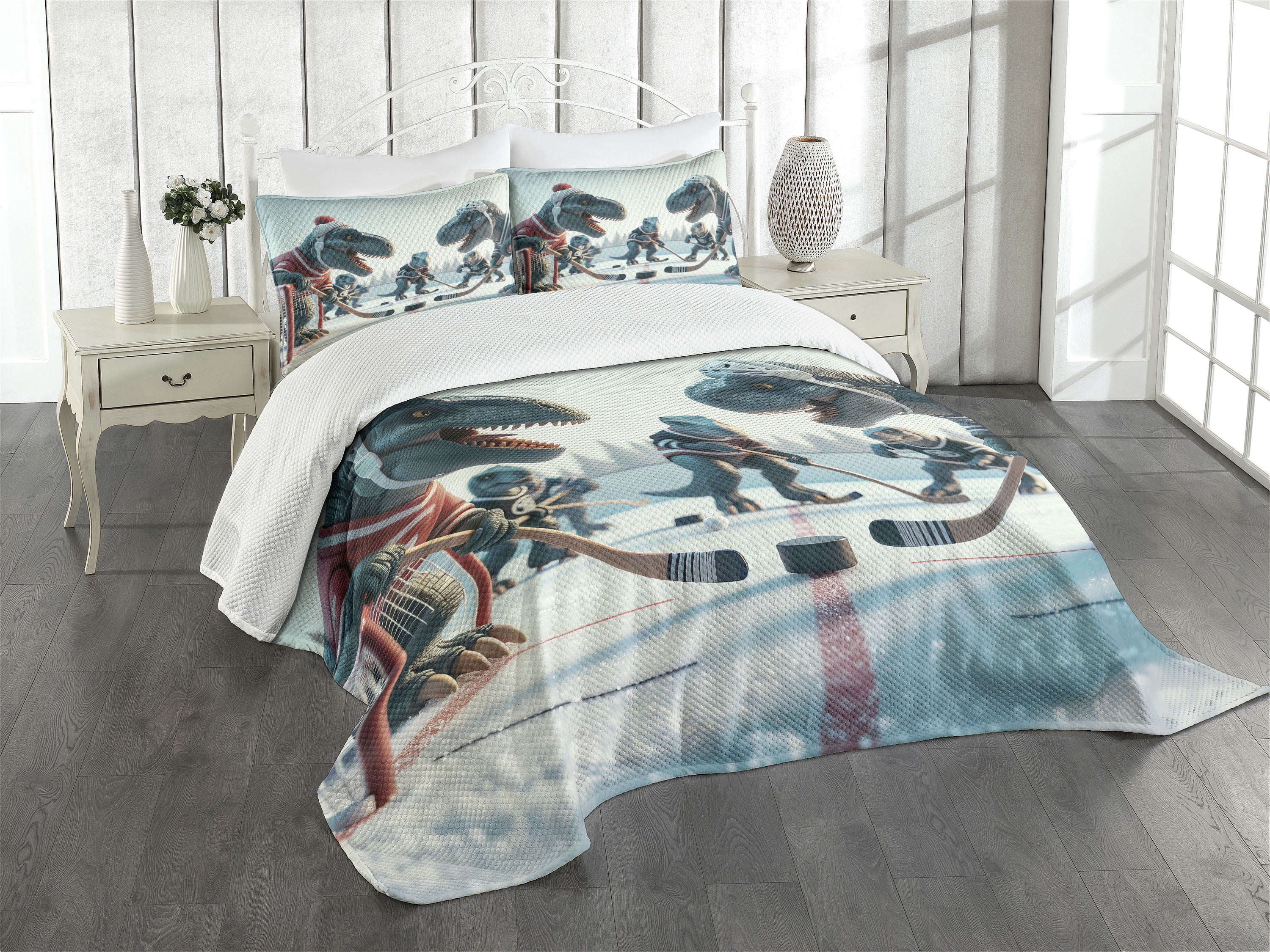 Ambesonne Dinosaur Quilted Bedspread Set 3 Pcs, T-Rex Playing Ice ...