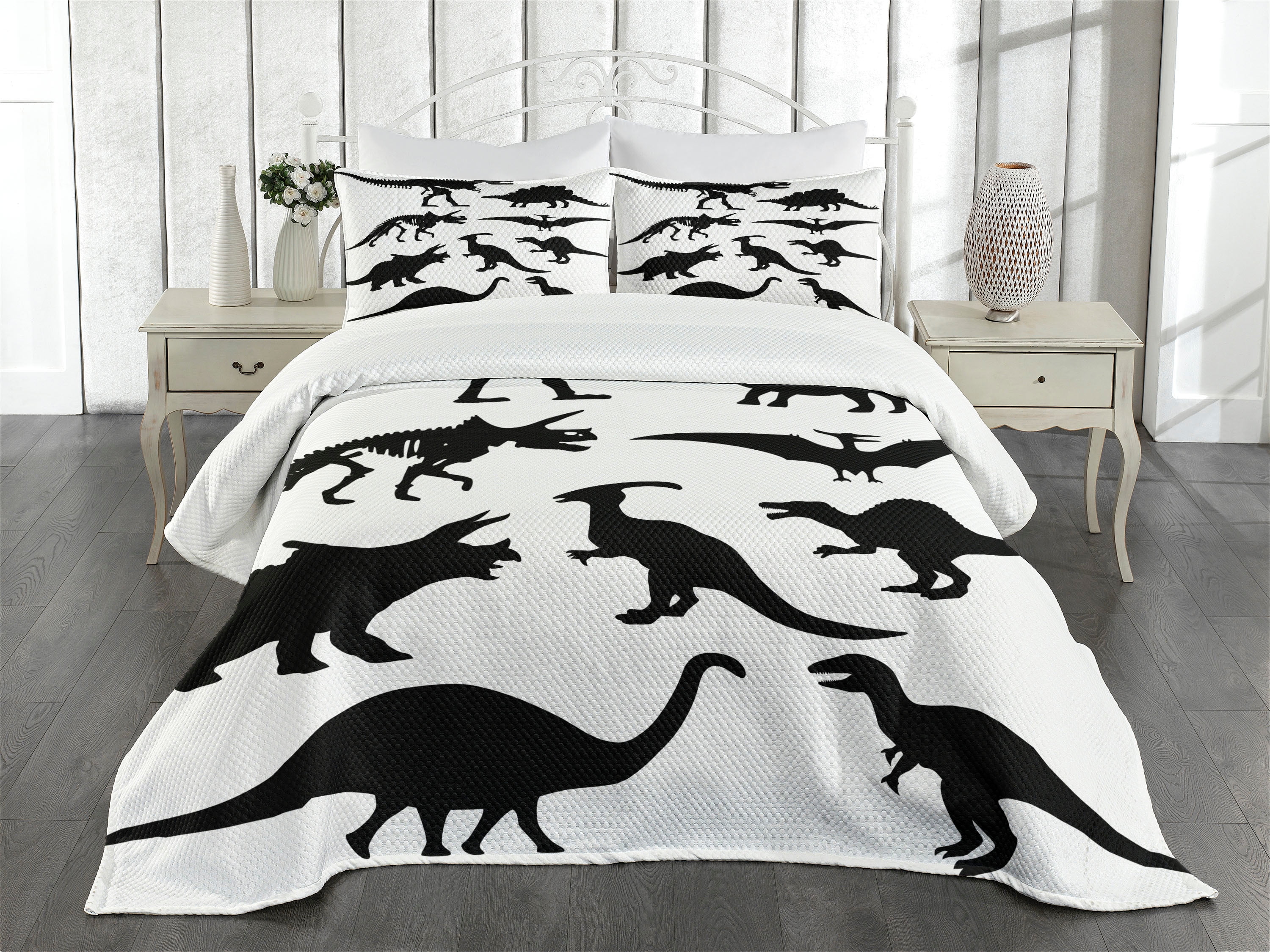 Ambesonne Dinosaur Quilted Bedspread Set 3 Pcs, Wild Skeleton, King ...