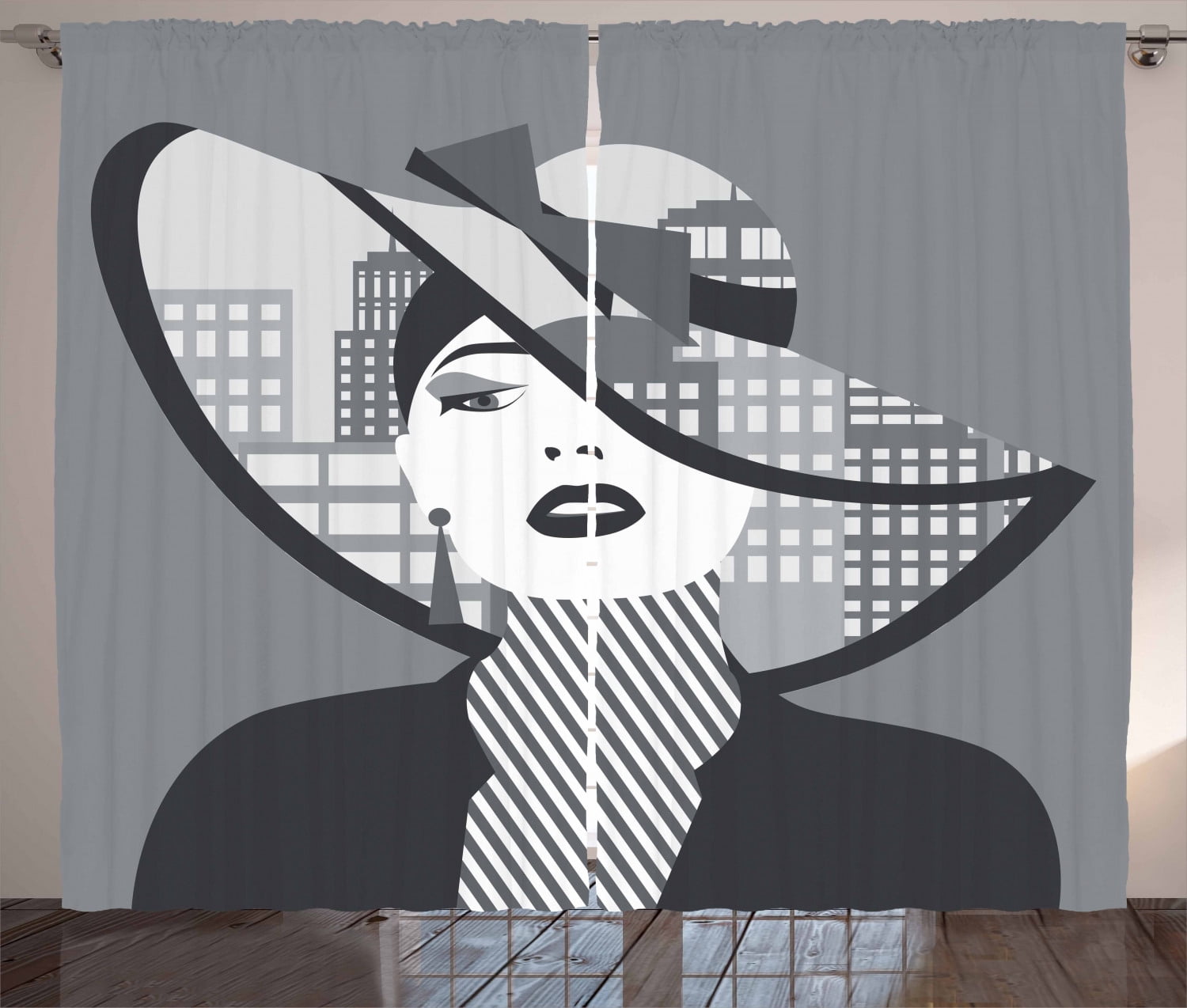 Ambesonne Diva Curtains 2 Panel Set, City Silhouette and Lady Art, 108 ...