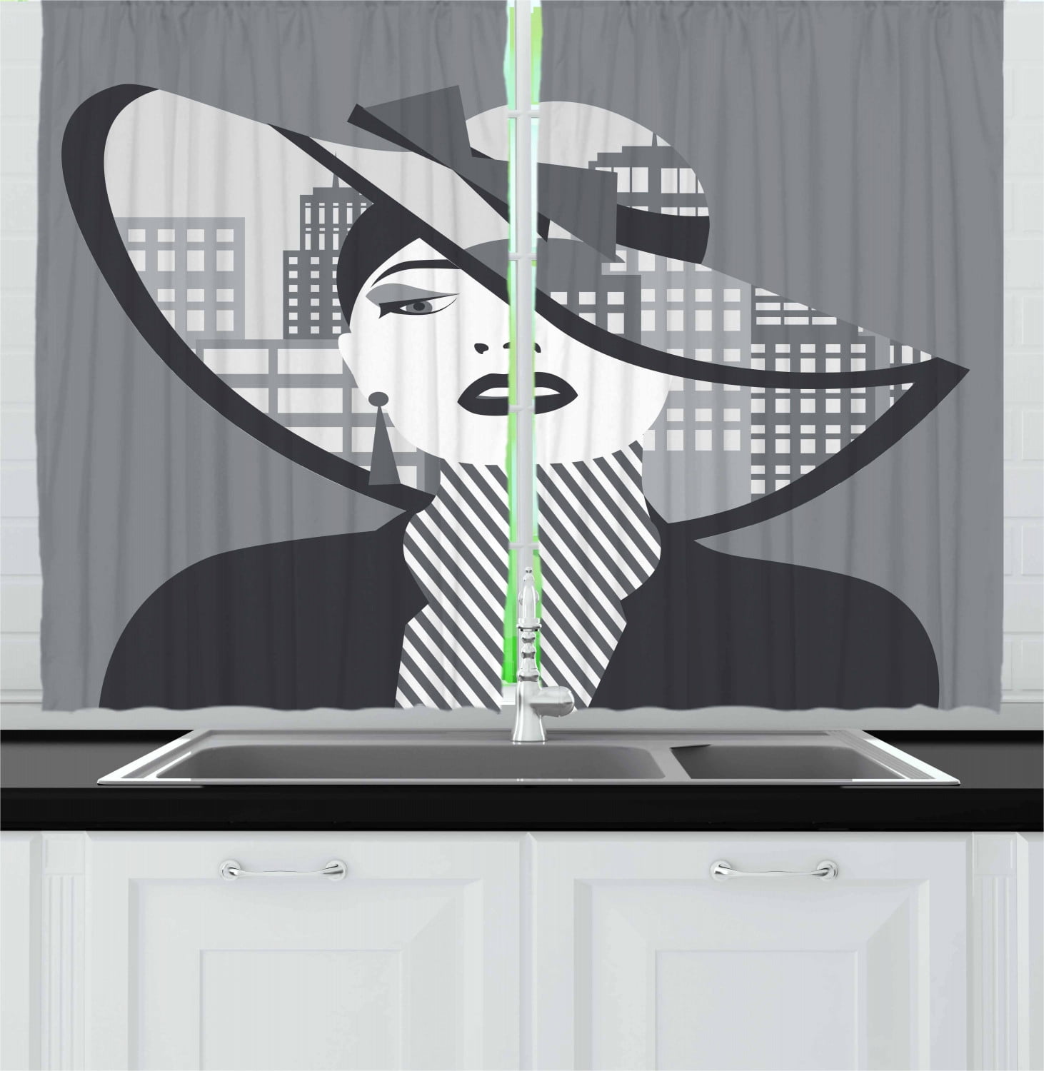 Ambesonne Diva Kitchen Curtains, City Silhouette and Lady Art, 55"x39 ...