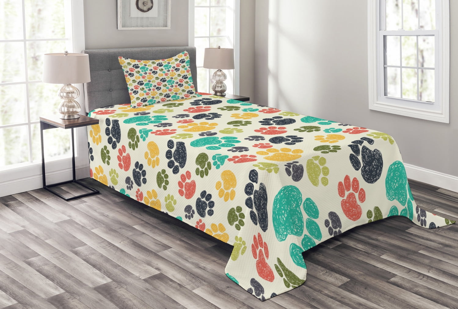 Ambesonne Dog Lover Quilted Bedspread Set 2 Pcs, Hand Drawn Paws, Twin ...