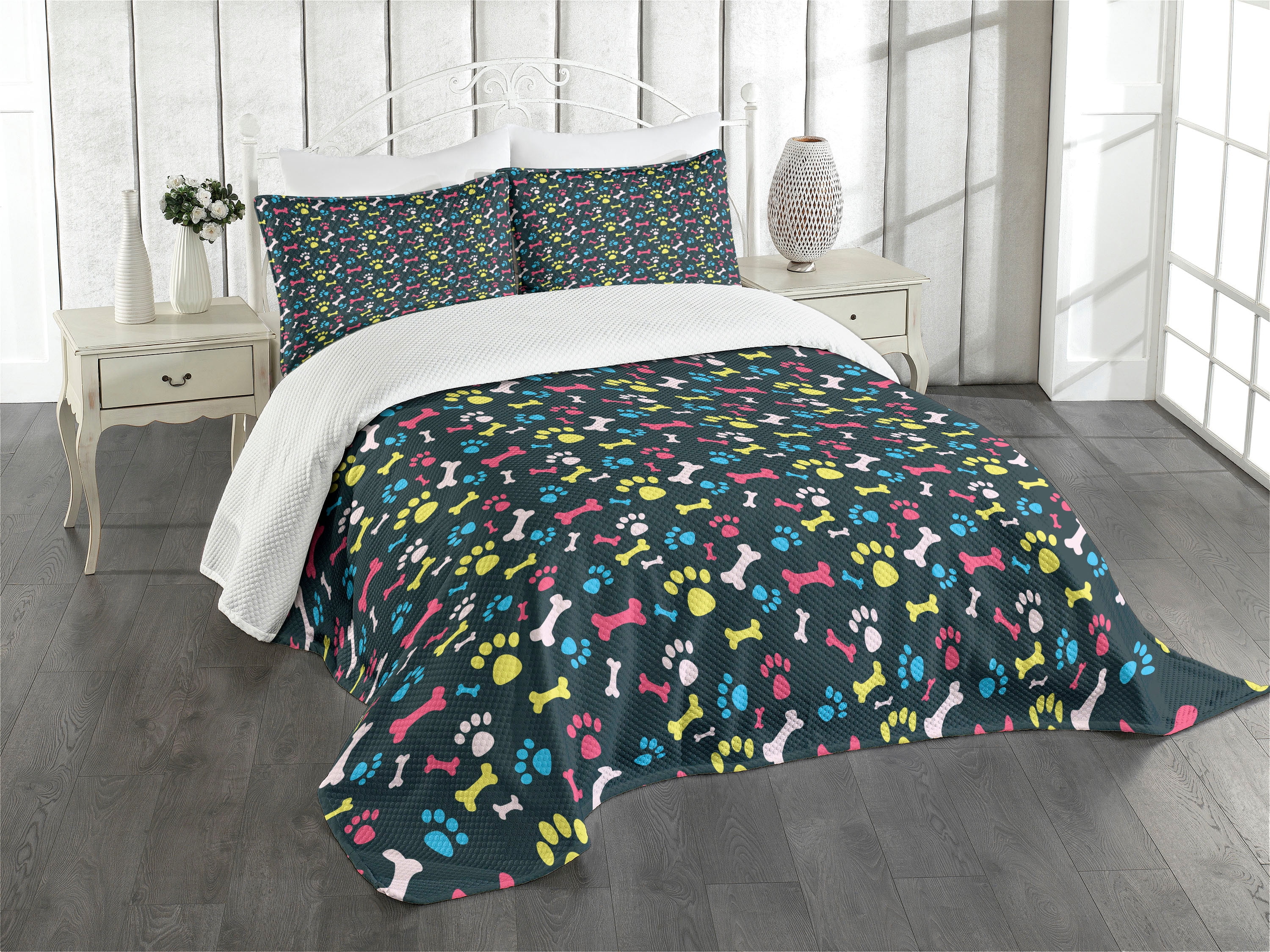 Ambesonne Dog Lover Quilted Bedspread Set 3 Pcs, Cool Canine Bones ...