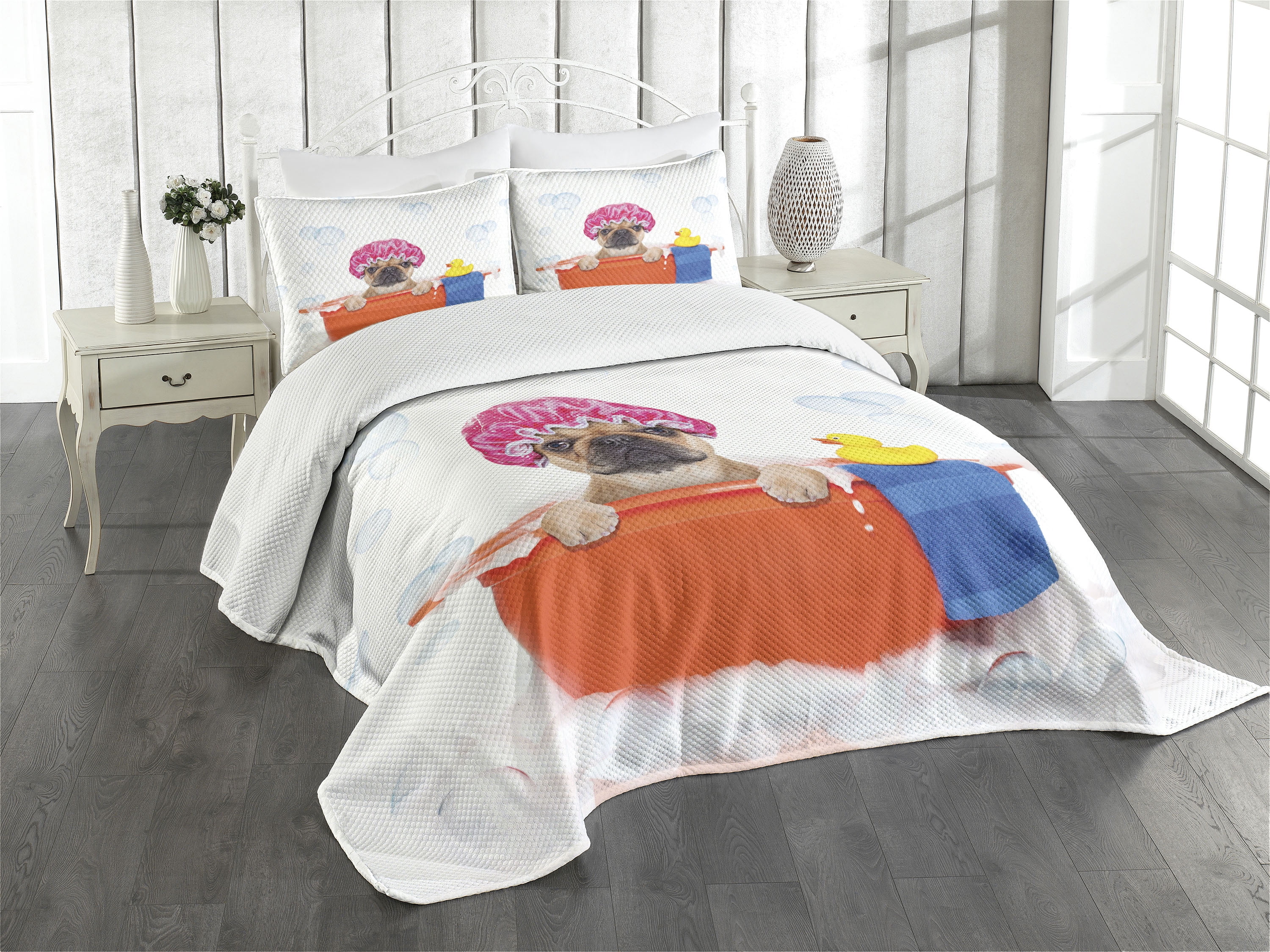 Ambesonne Dog Lover Quilted Bedspread Set 3 Pcs, Dog Having a Bath Tub ...
