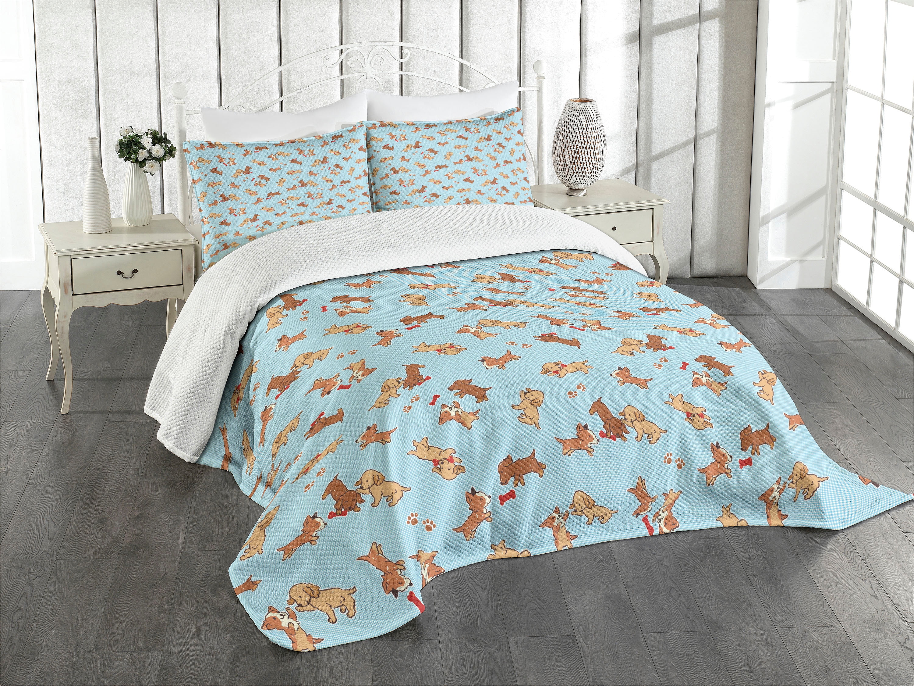 Ambesonne Dog Lover Quilted Bedspread Set 3 Pcs, Playful Golden Puppy ...