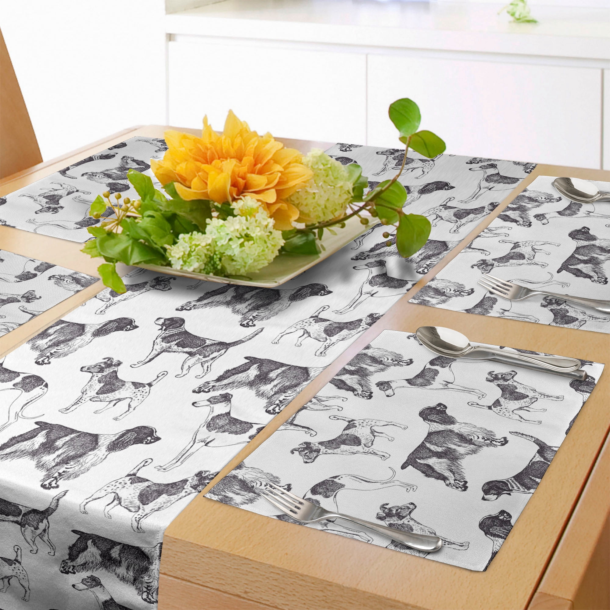 Ambesonne Dog Lover Table Runner & Placemats, Monochrome Dog Breeds ...