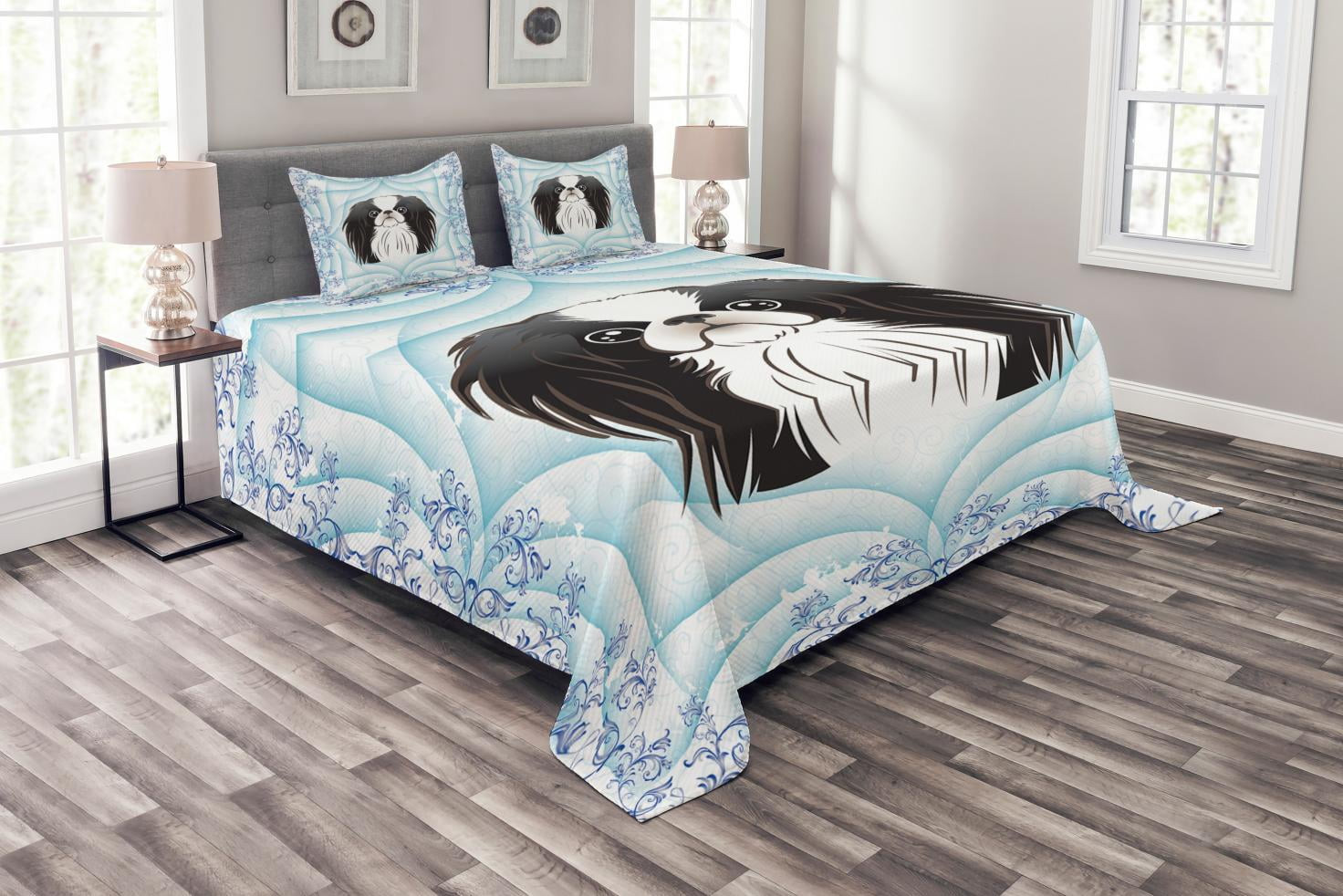 Ambesonne Dog Quilted Bedspread Set 3 Pcs, Cartoon Puppy Floral Ornate ...