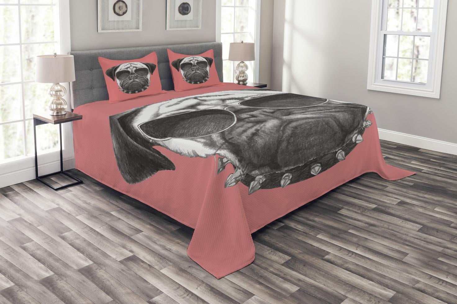 Ambesonne Dog Quilted Bedspread Set 3 Pcs, Pug Dog Sunglasses Colar ...