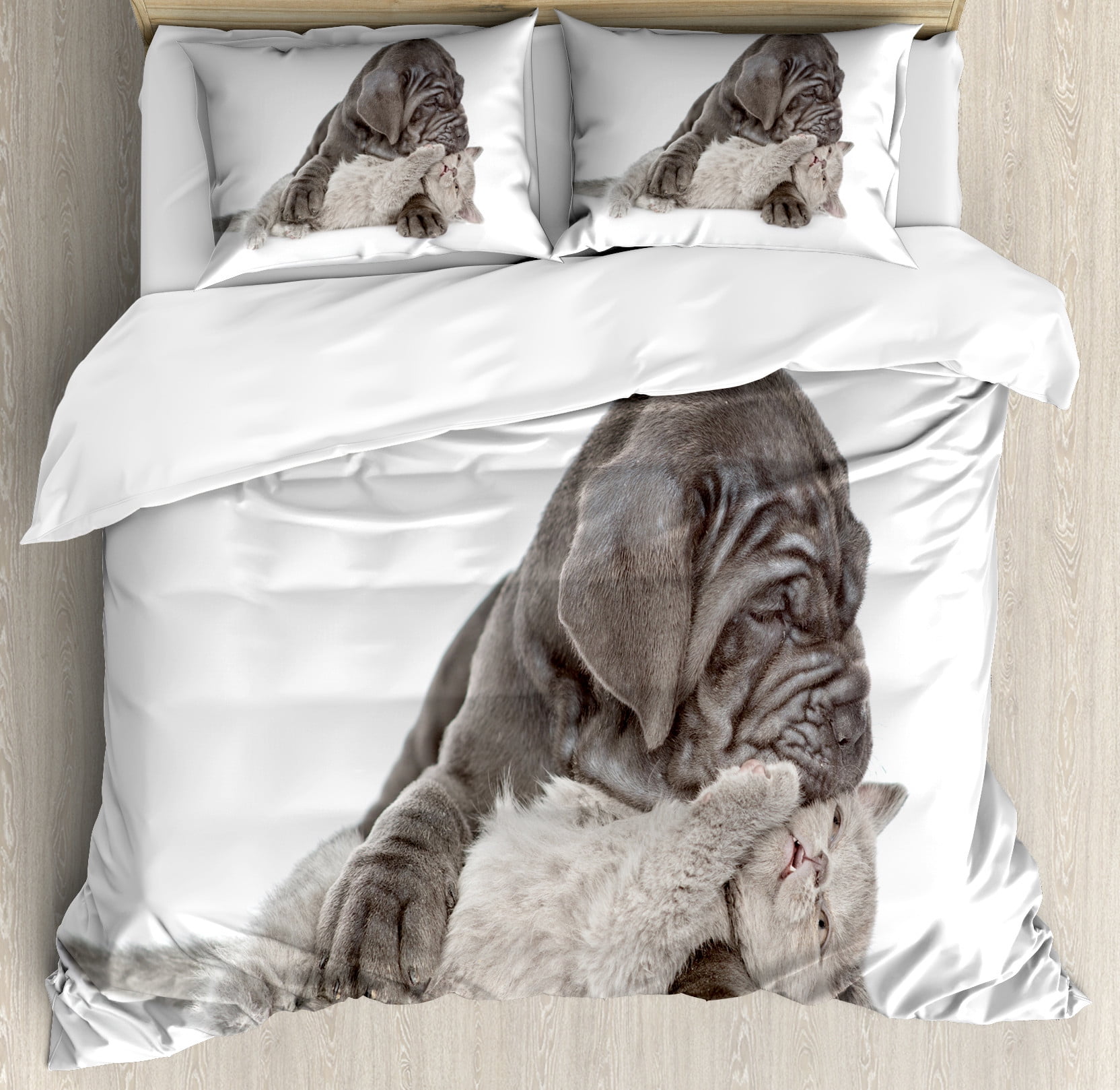 Ambesonne Dog and Cat Duvet Cover Sets, Hugging Cozy Animals, 2-King ...