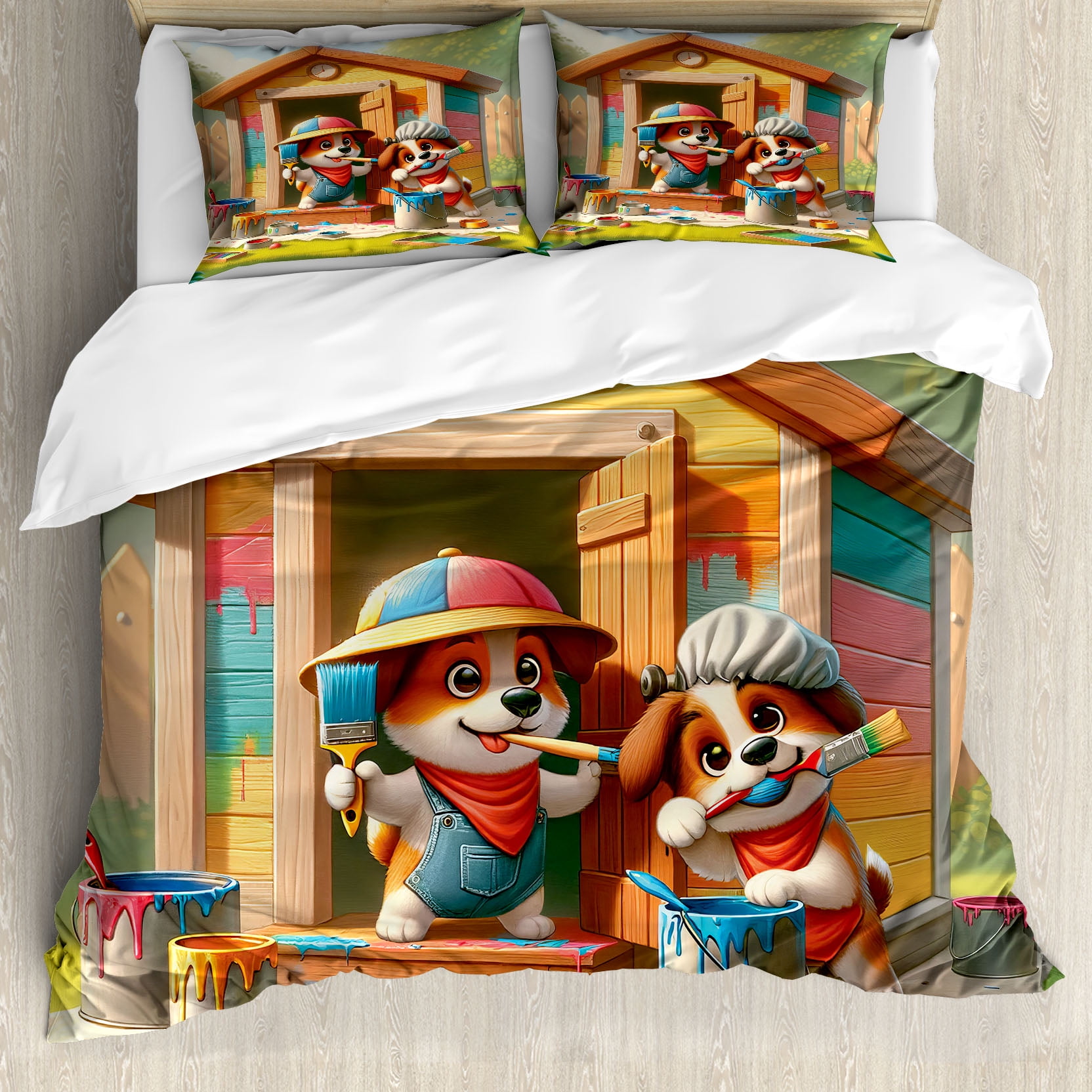 Ambesonne Dogs Duvet Cover Set, Puppies Painting the Kennel, King, Apple Green and Orange ...