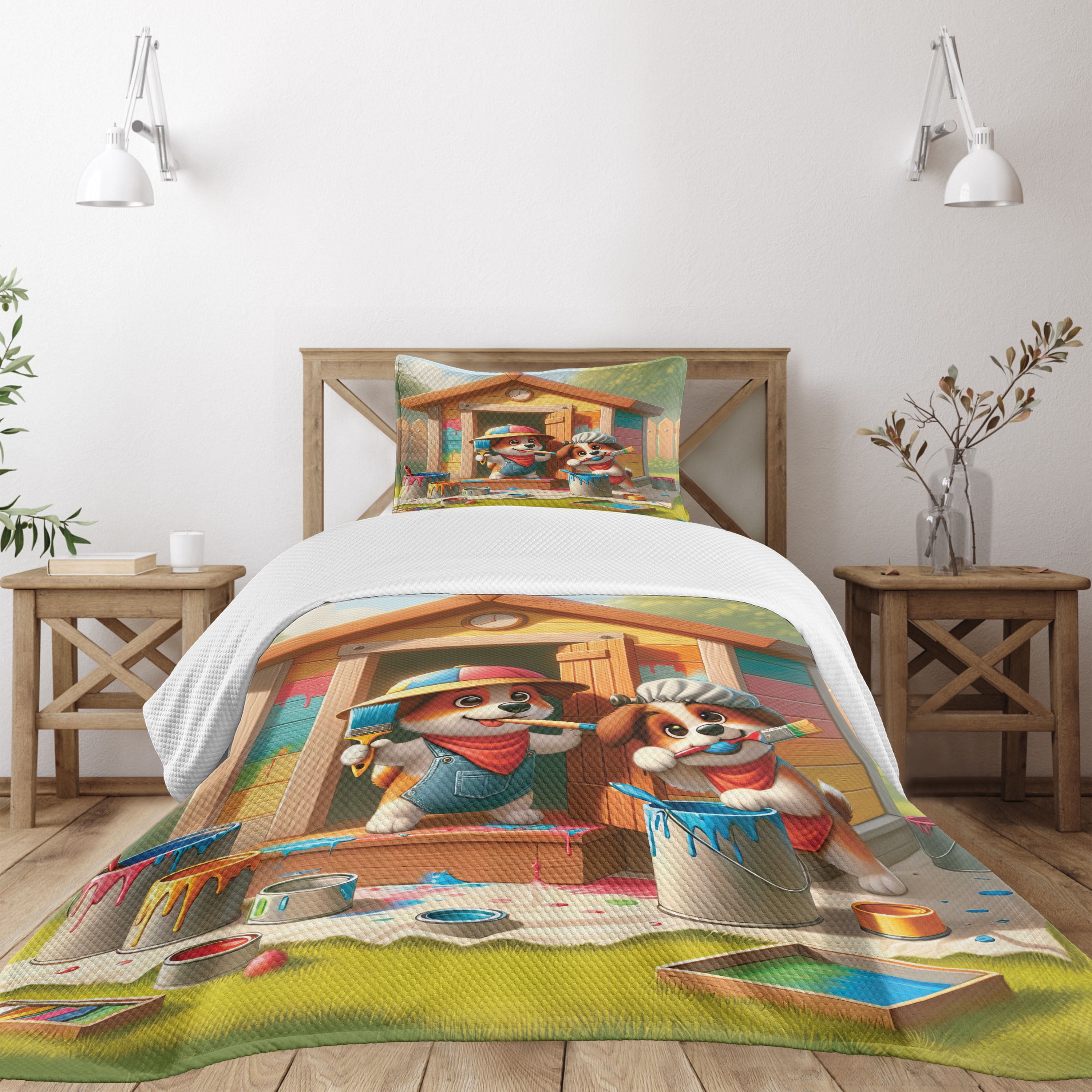 Ambesonne Dogs Quilted Bedspread Set 2 Pcs, Puppies Painting the Kennel ...