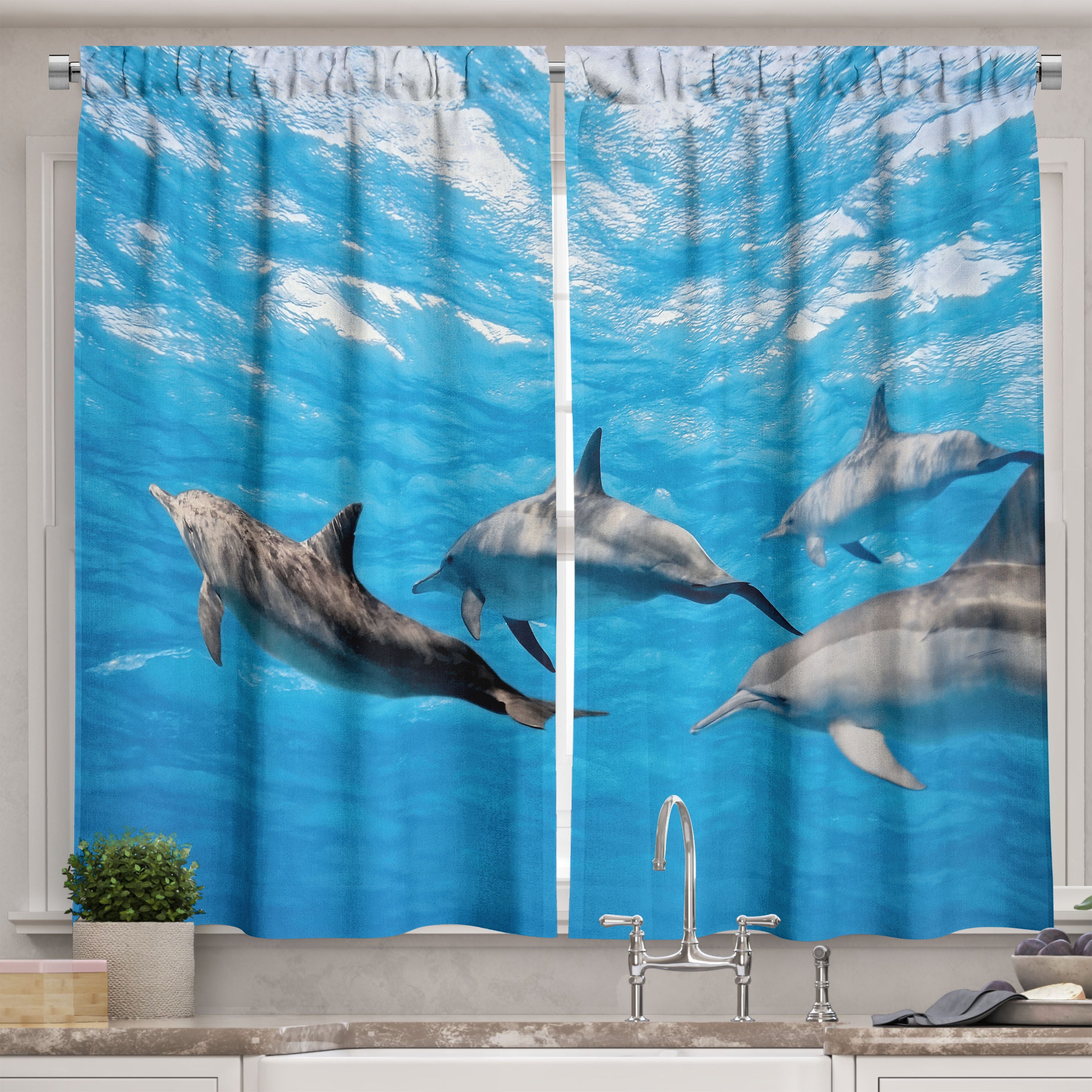 Ambesonne Dolphin Kitchen Curtains, Happily Swimming Fish, 55"x39 ...