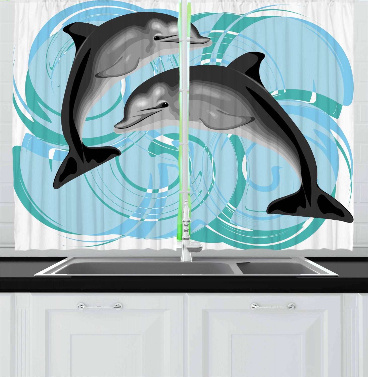 Ambesonne Dolphin Kitchen Curtains, Nautical Life Theme, 55"x39 ...