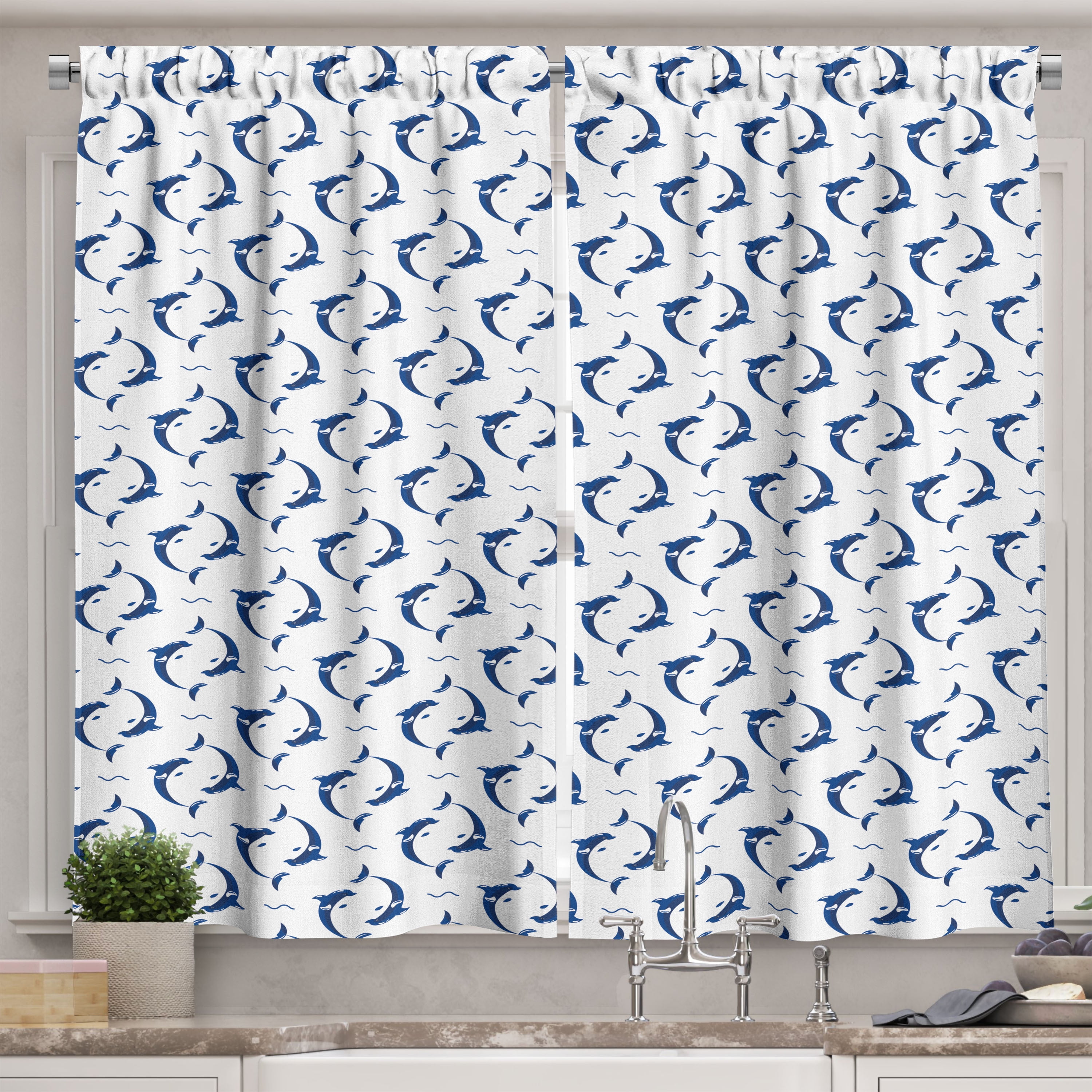 Ambesonne Dolphin Kitchen Curtains, Playful Big Fish Rounds, 55"x45 ...