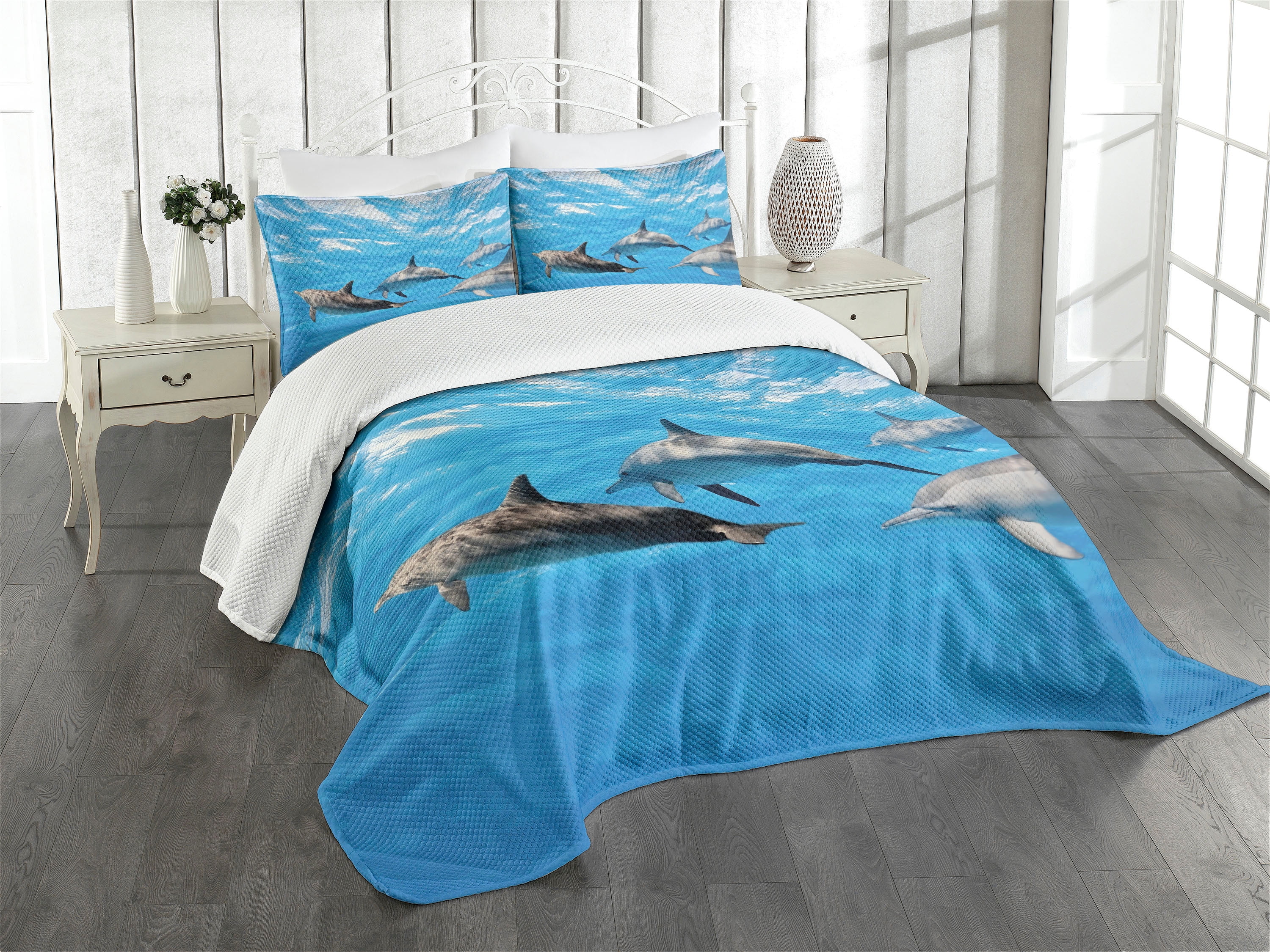 Ambesonne Dolphin Quilted Bedspread Set 3 Pcs, Happily Swimming Fish ...