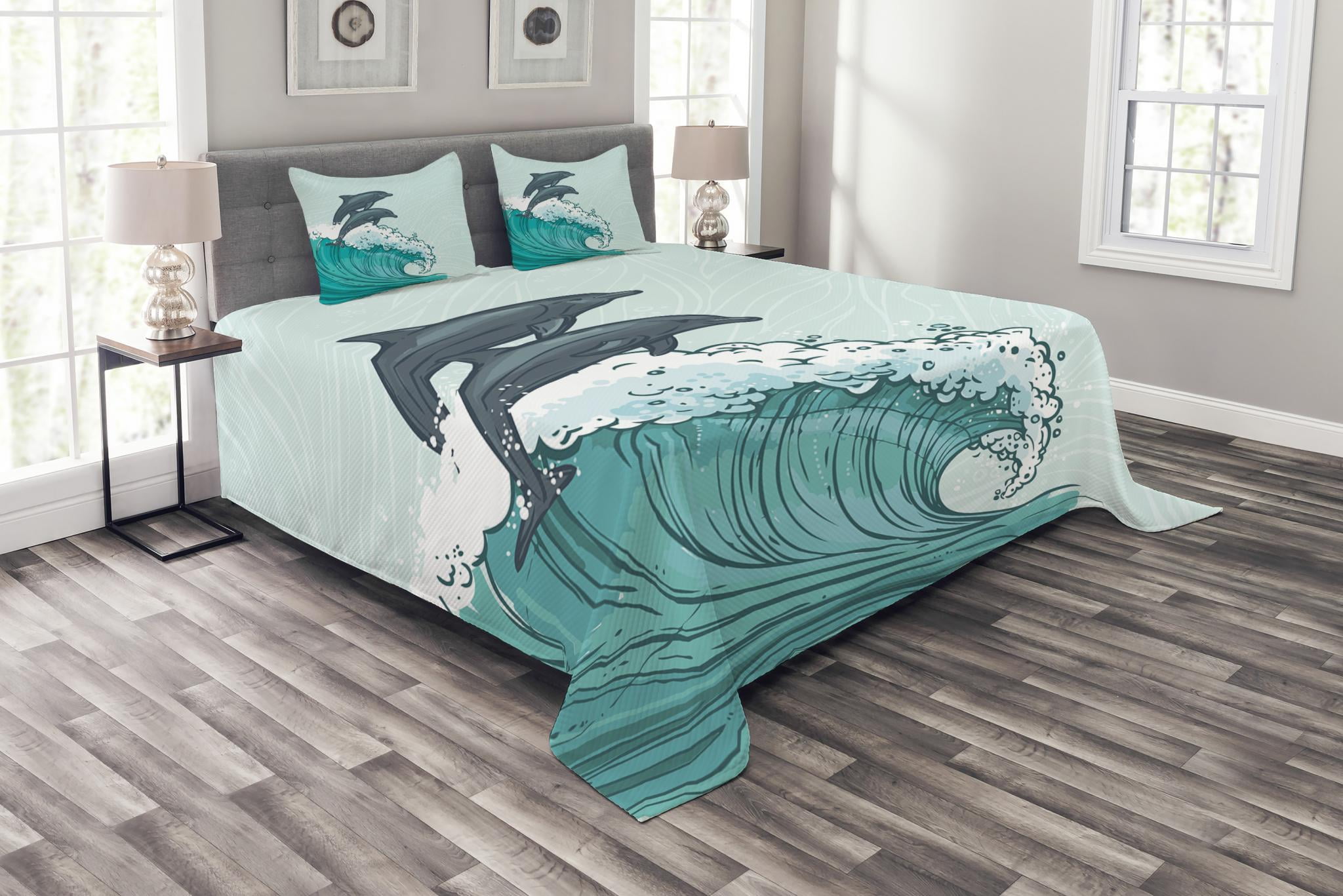Ambesonne Dolphin Quilted Bedspread Set 3 Pcs, Sea Waves Sketch Art ...