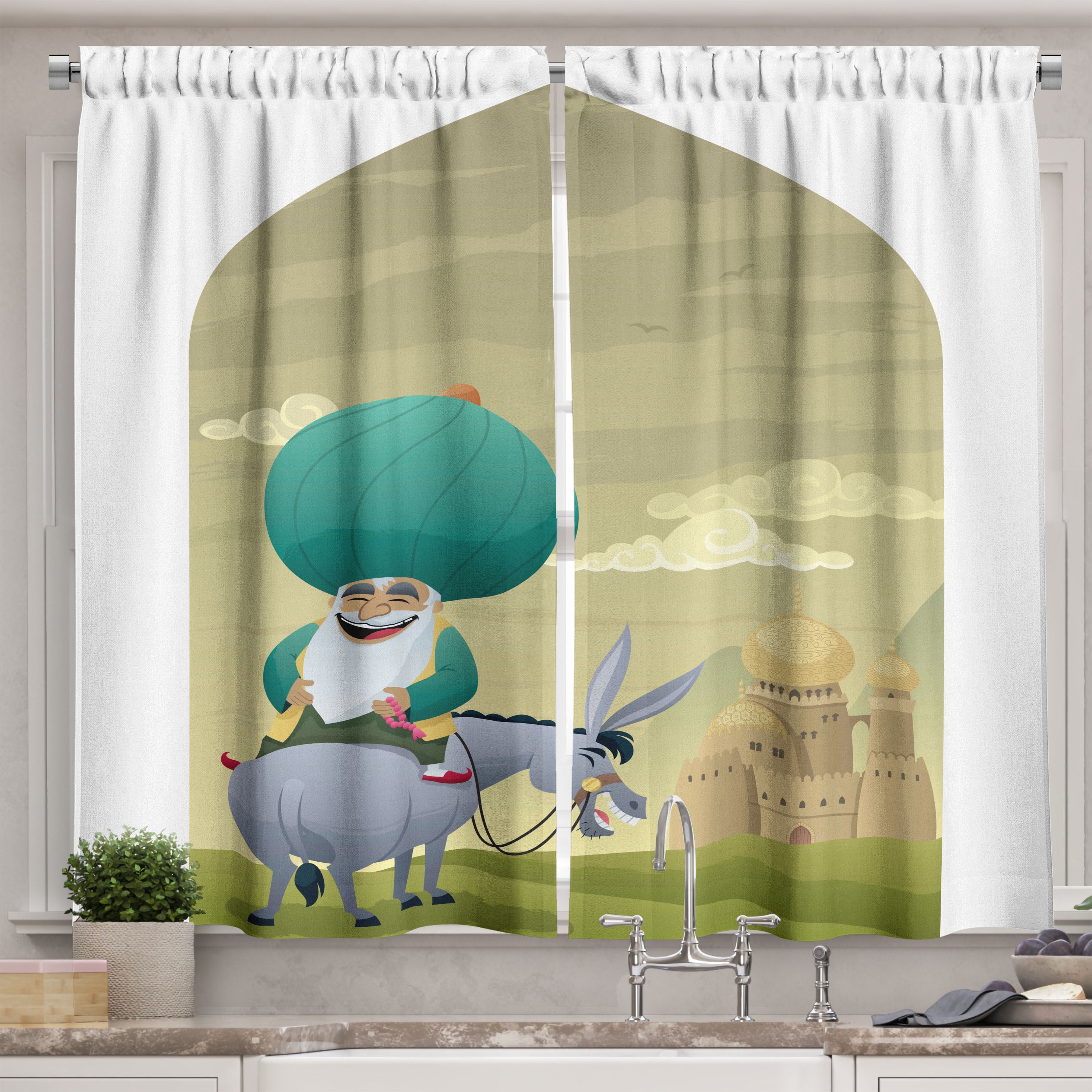 Ambesonne Donkey Kitchen Curtains, Cartoon of Nasreddin Hodja, 55"x39 ...