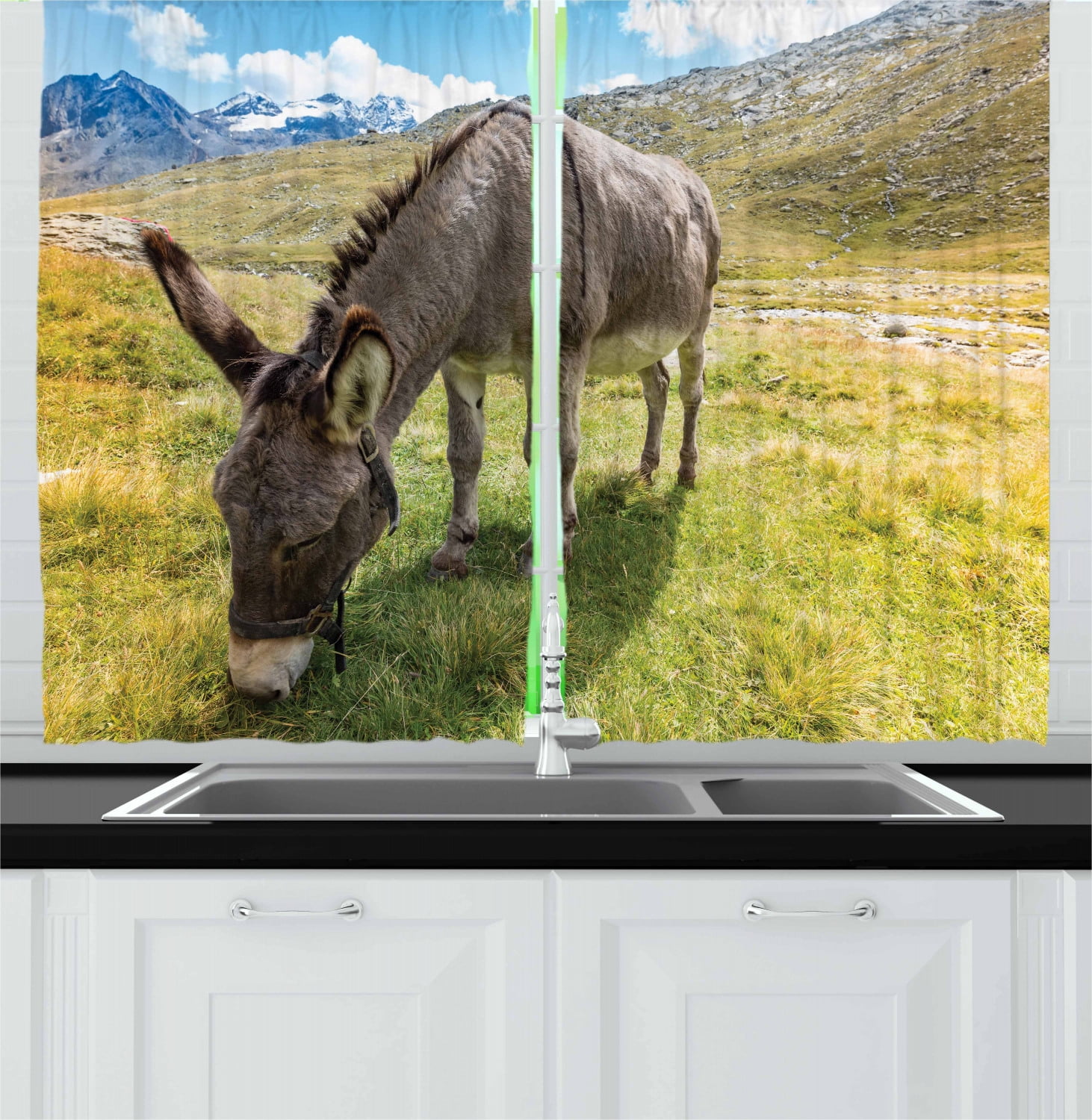 Ambesonne Donkey Kitchen Curtains, Donkey Eating Grass Mountain, 55"x39 ...