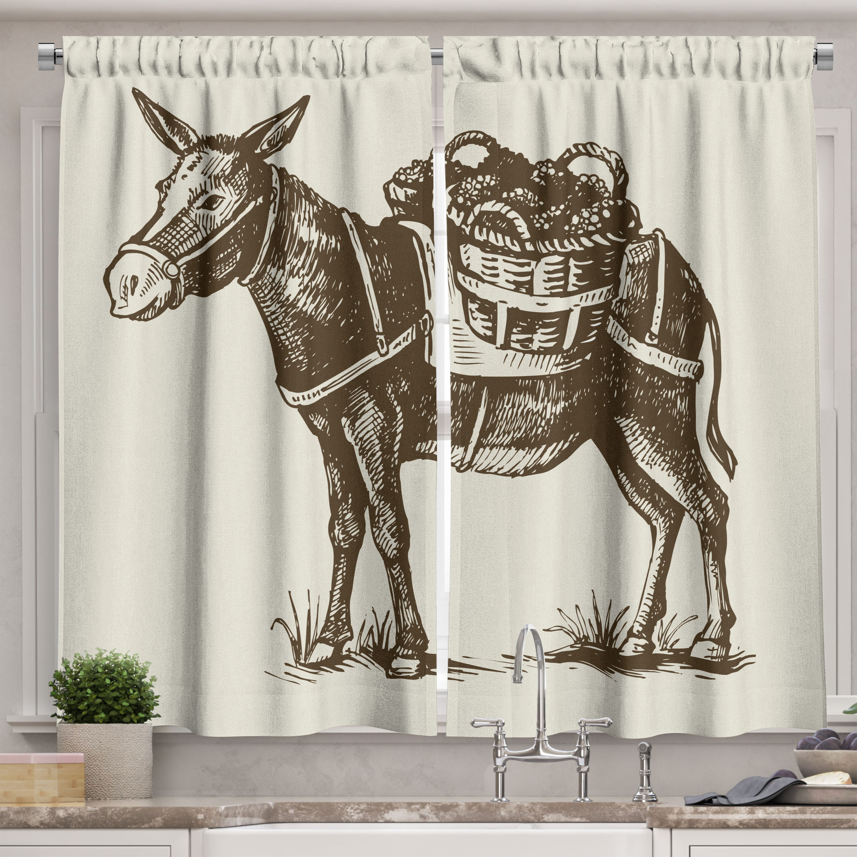 Ambesonne Donkey Kitchen Curtains, Vintage Animal with Baskets, 55"x39 ...