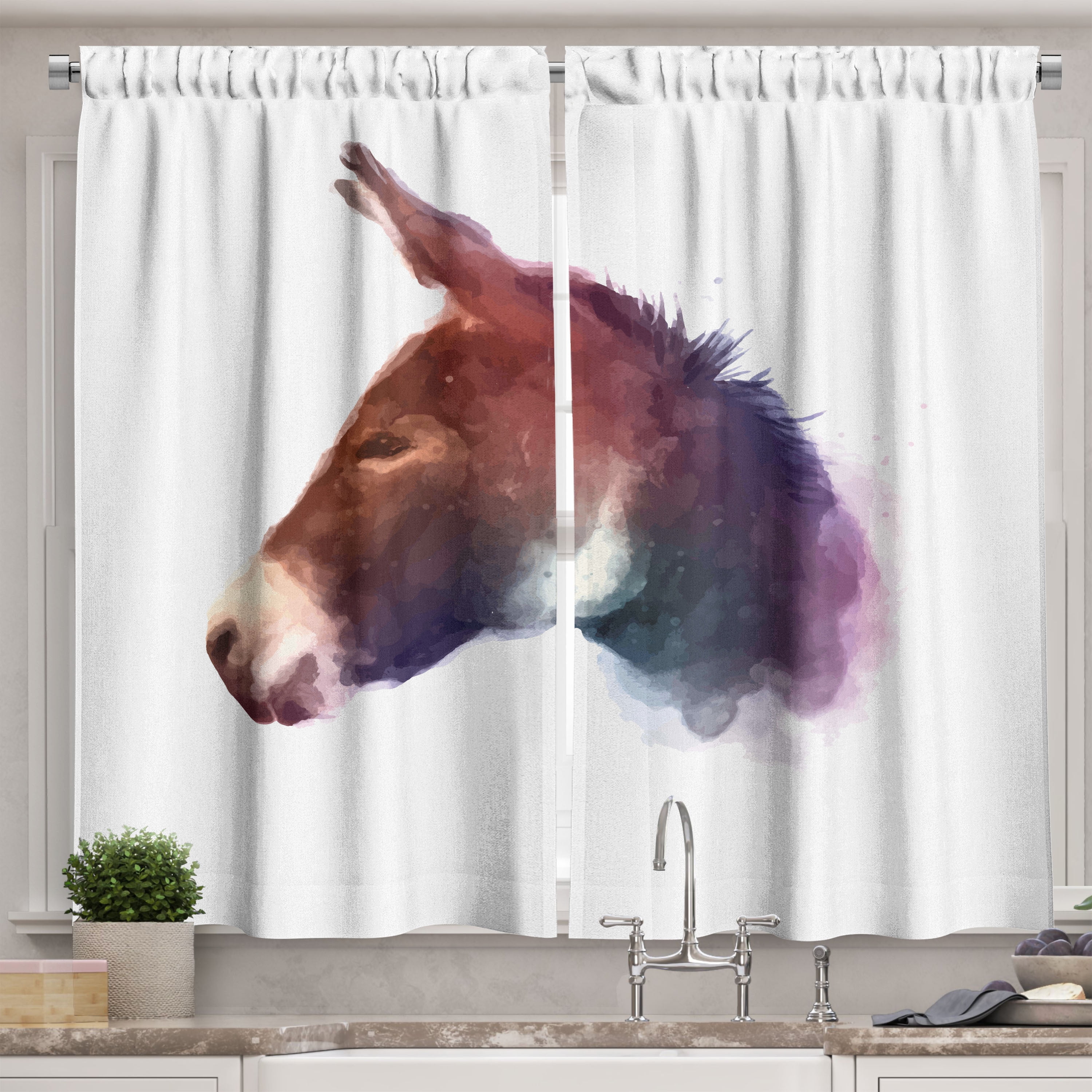 Ambesonne Donkey Kitchen Curtains, Watercolor Portrait, 55"x39 ...