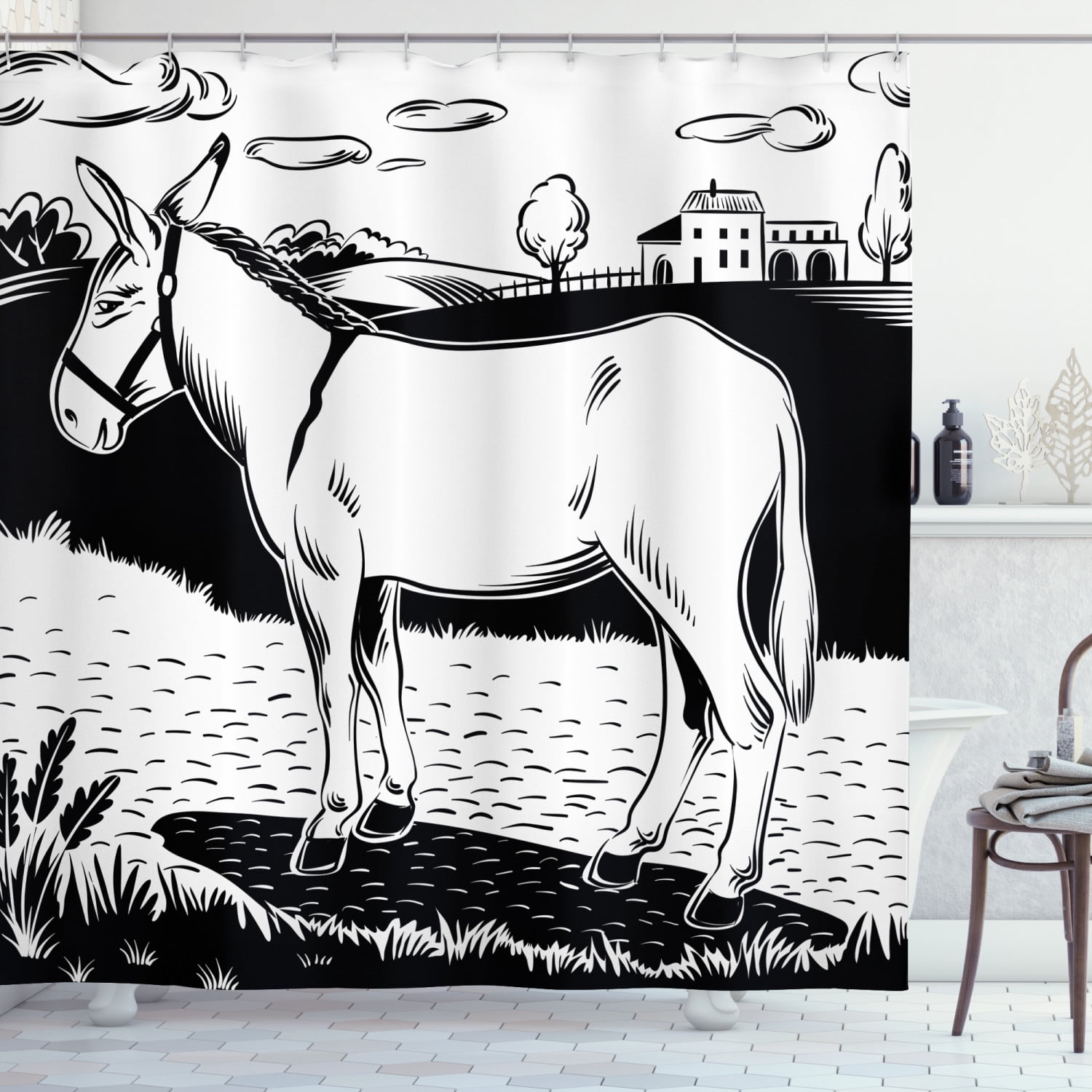 Ambesonne Donkey Shower Curtain, Farmland Village and Animal, 69"Wx84"L ...
